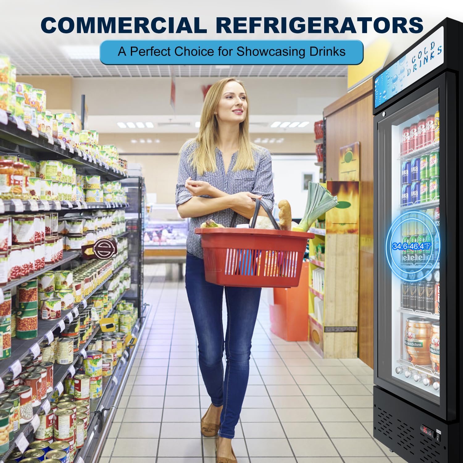 FreezLabs Glass Door Refrigerator Commercial Beverage Refrigerators with LED Light, 12 cu.ft and 5 Shelves, Display Refrigerator for Cafe Restaurant Store Bar, ETL/NSF Approved