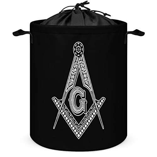 Freemasonry Sign Laundry Basket Round Collapsible Storage Bin with Drawstring and Handle for Bedroom Bathroom Toys Room 17.3" X 13.8"