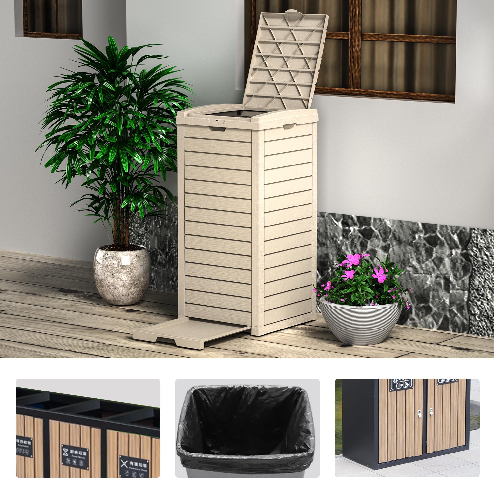 GYMHILL 31 Gallon Outdoor Trash Can, Waterproof Resin Garbage Can with Tiered Lid and Drip Tray, Outside Trash Bin for Patio, Backyard