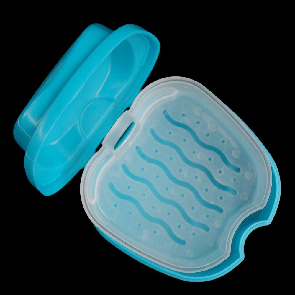 FUELEGO 1pcs Denture Bath Box Cup Retainer Holder Box with Clear Filter Basket Portable Dentures Night Guard & Retainers Complete Clean Care for Dentures