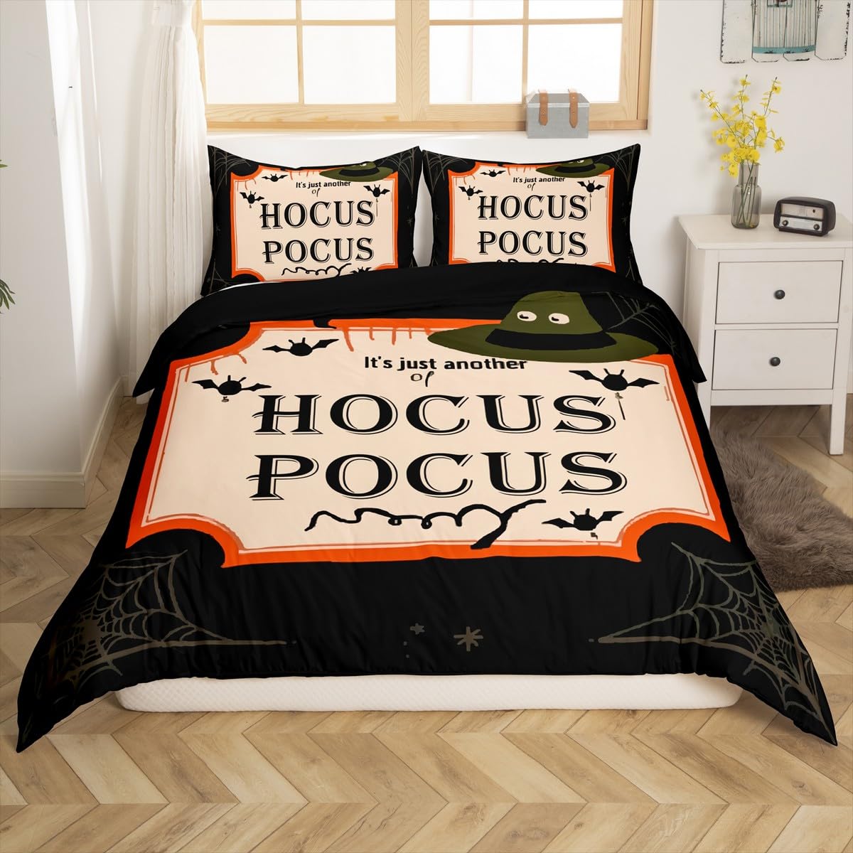 Feelyou Happy Halloween Duvet Cover Set Queen Size Hocus Pocus Bedding Set for Kids Boys Girls Teens Magic Hat Comforter Cover Set Bat Bedspread Cover 3Pcs