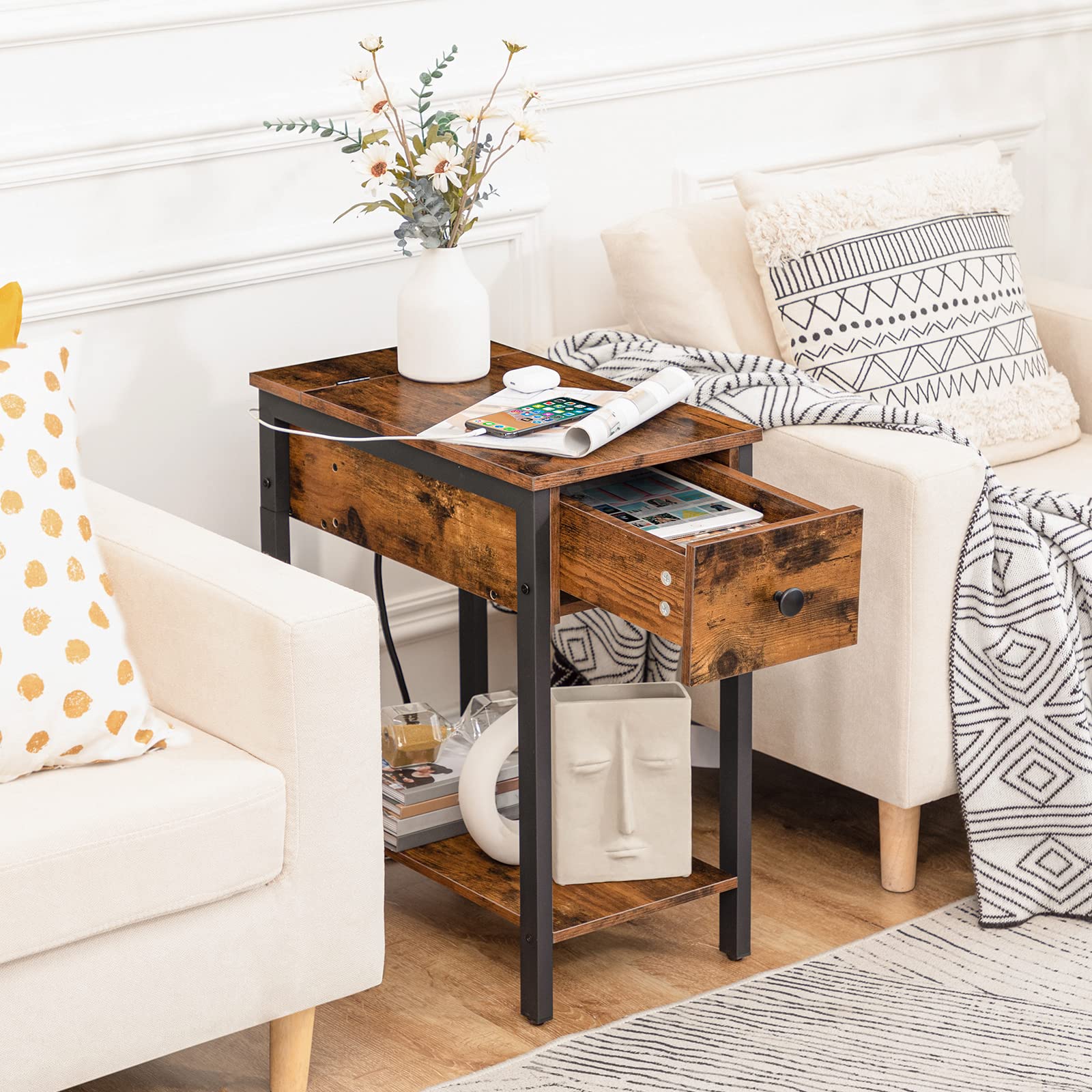 HOOBRO End Table with Charging Station, Set of 2 Narrow Side Table, Small Nightstand, Bedside Table with Drawer and Storage Shelves, for Small Spaces, Rustic Brown and Black BF041BZP201