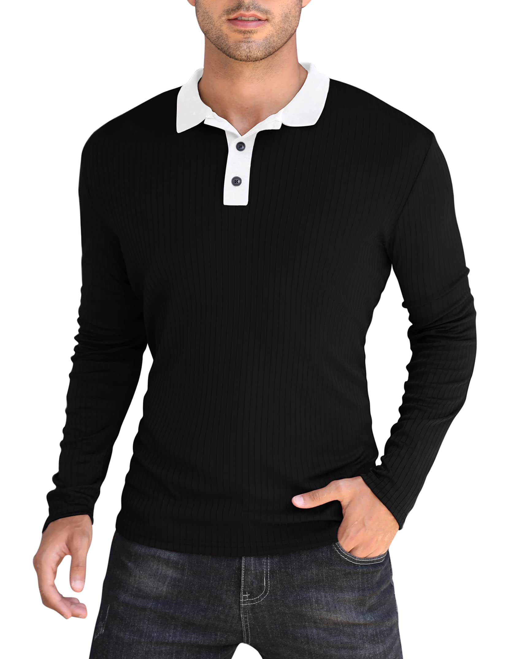 EliteSpirit Mens Long Sleeve Polo Shirts Casual Polka Dot Collared Golf Shirt with Pockets Black XL