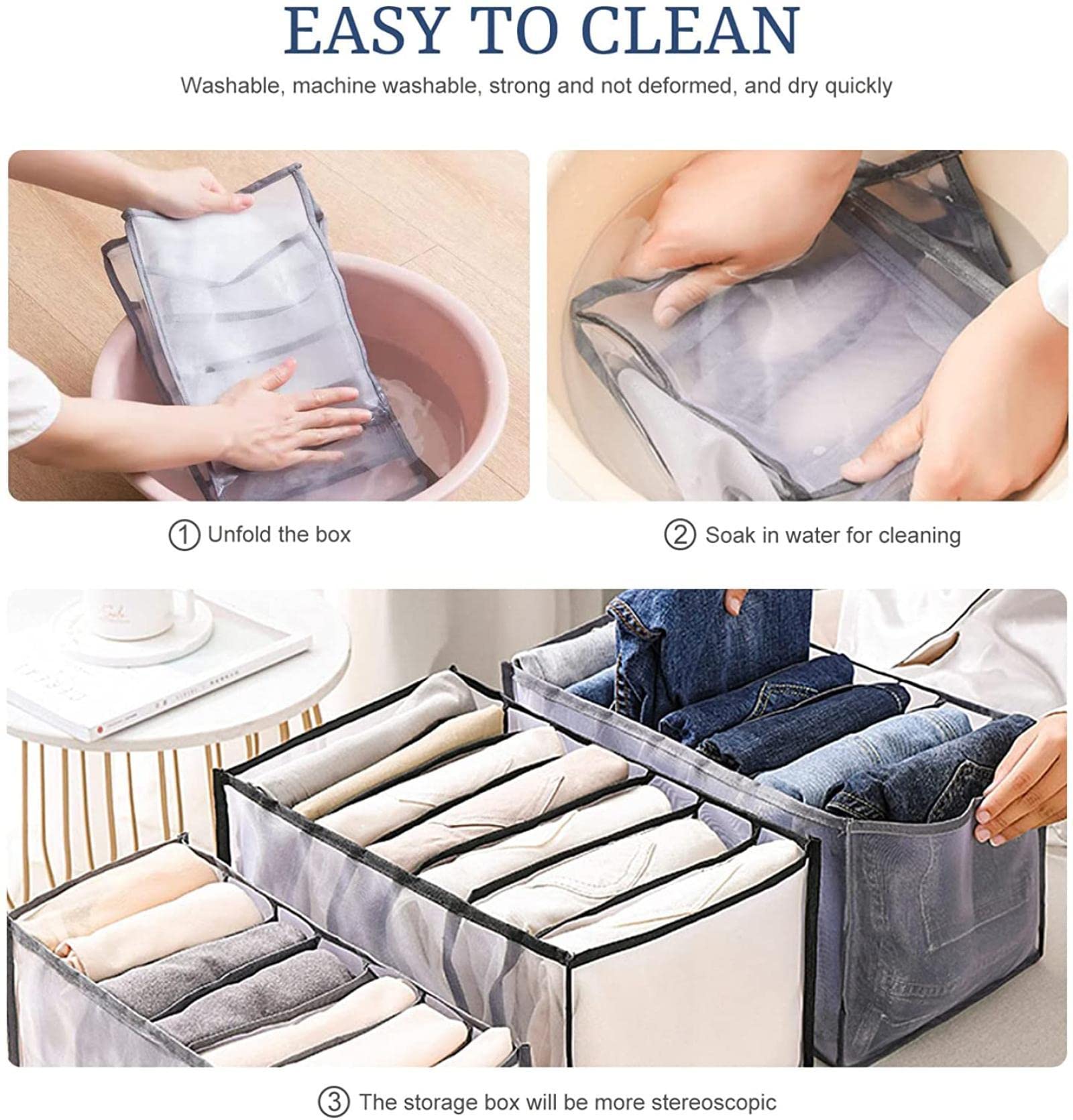 Wardrobe Clothes Organizer,7 Grids Jeans Compartment Storage Box,Foldable Closet Organizers and Storage Baskets for Bedroom 2 Sizes (White)