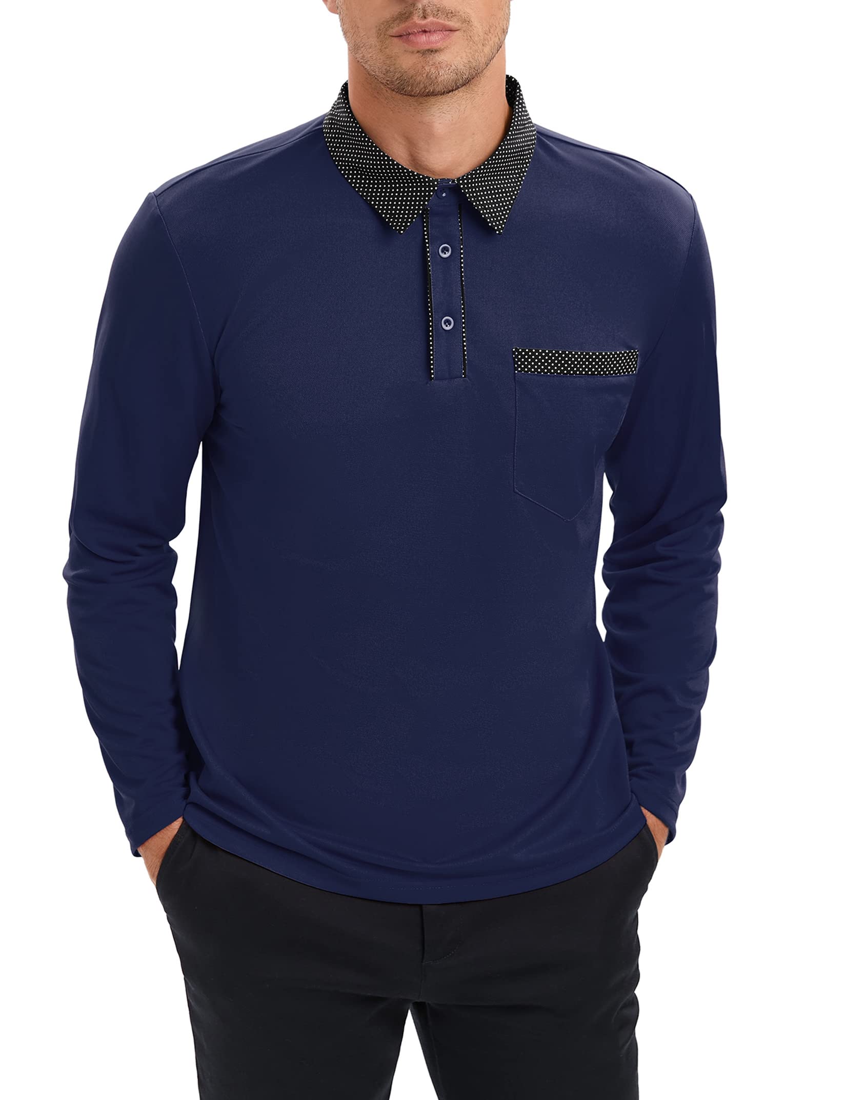 EliteSpirit Mens Long Sleeve Polo Shirts Casual Polka Dot Collared Golf Shirt with Pockets Navy Blue XL