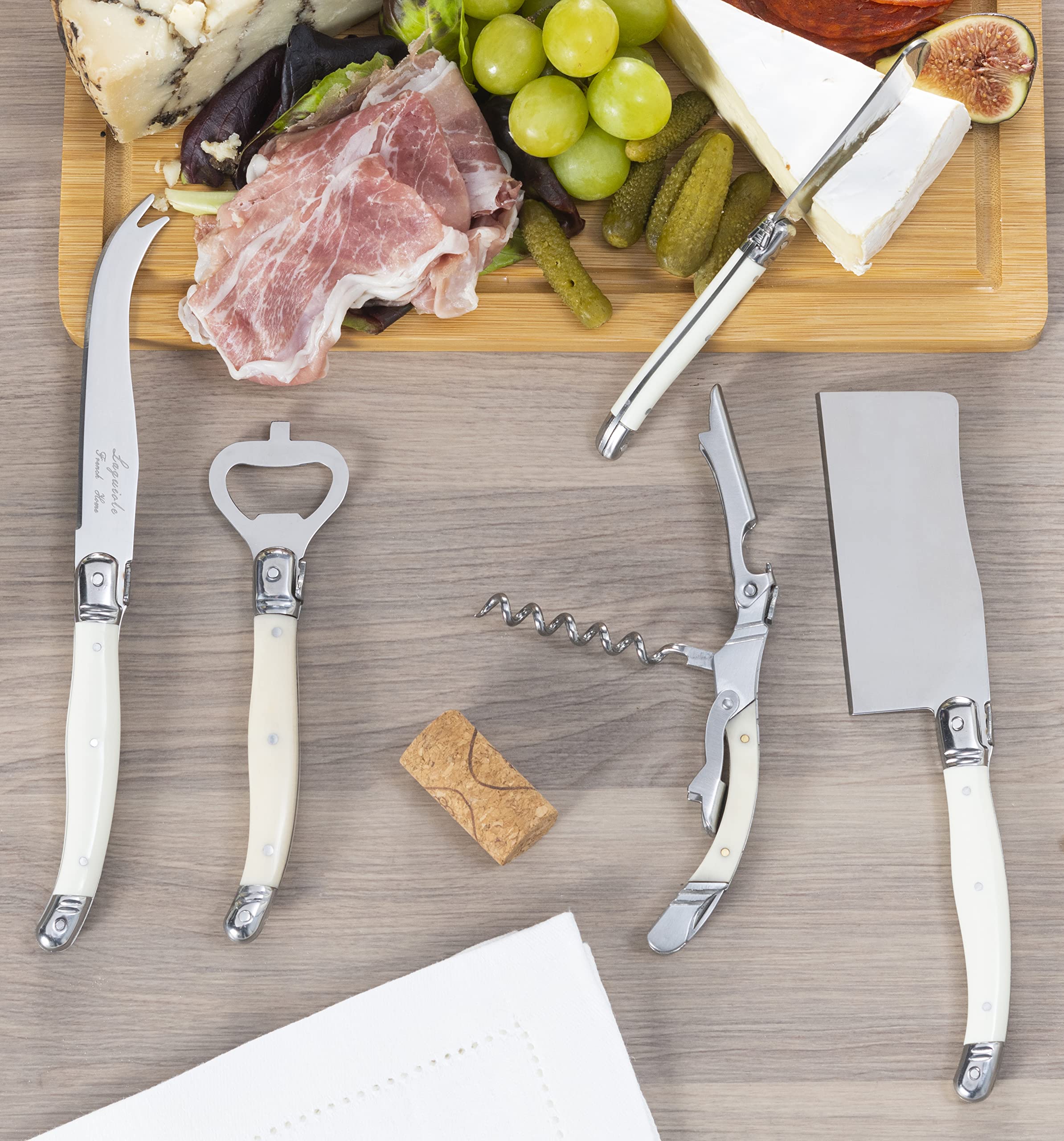 French Home Laguiole Serving Utensils Set of 5 β Kit w/Cleaver, Fork Tipped Spear, Spreader & Barware β Cheese Serving Utensils w/Faux Ivory Handles for Parties