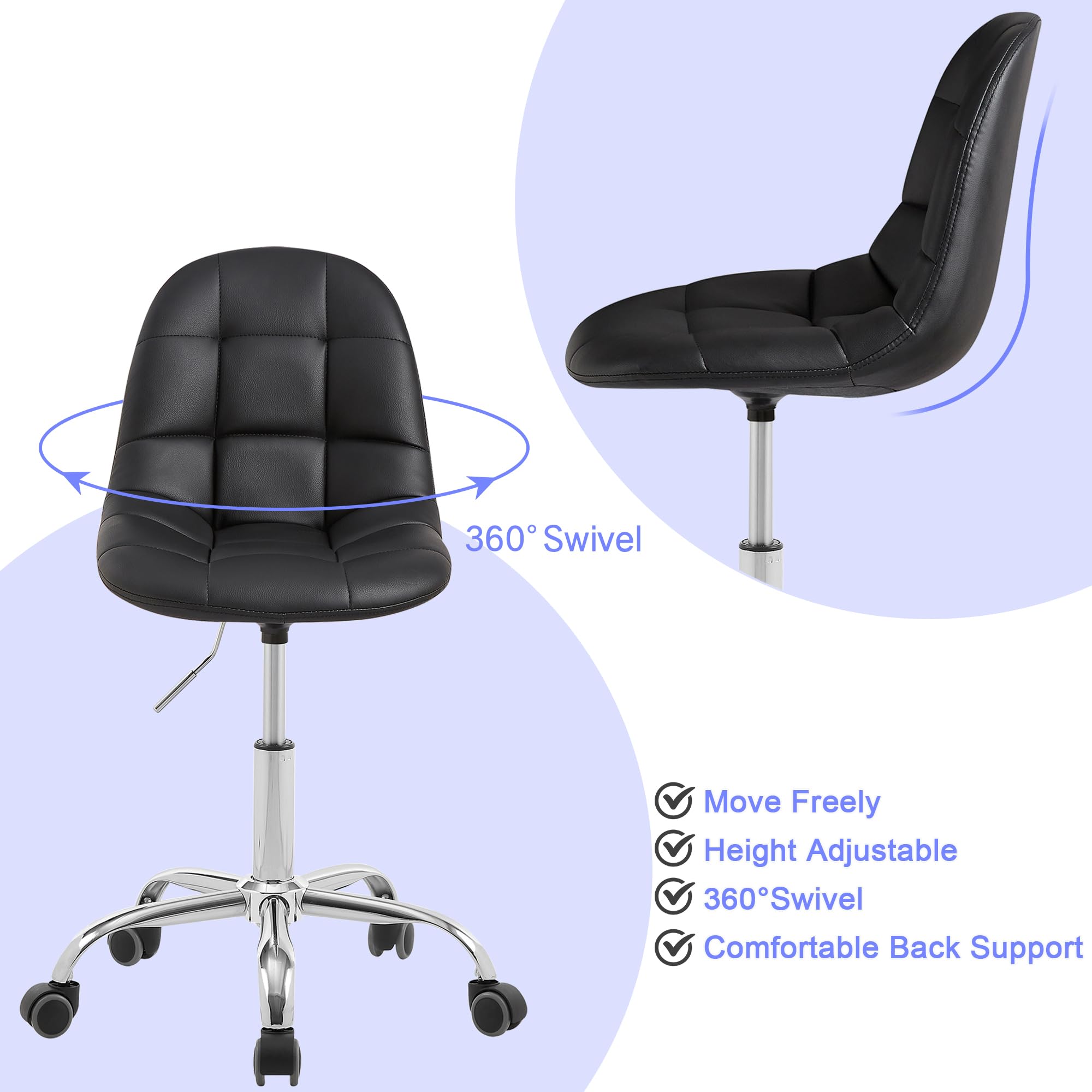 VECELO Soft Desk Chair, Stylish Casual Vanity Seat, Armless with Comfy Lumbar Support, PU Leather Hight Adjustable, 360° Rolling Swivel for Study, Work, Makeup, Weight up to 330 Lbs, Black