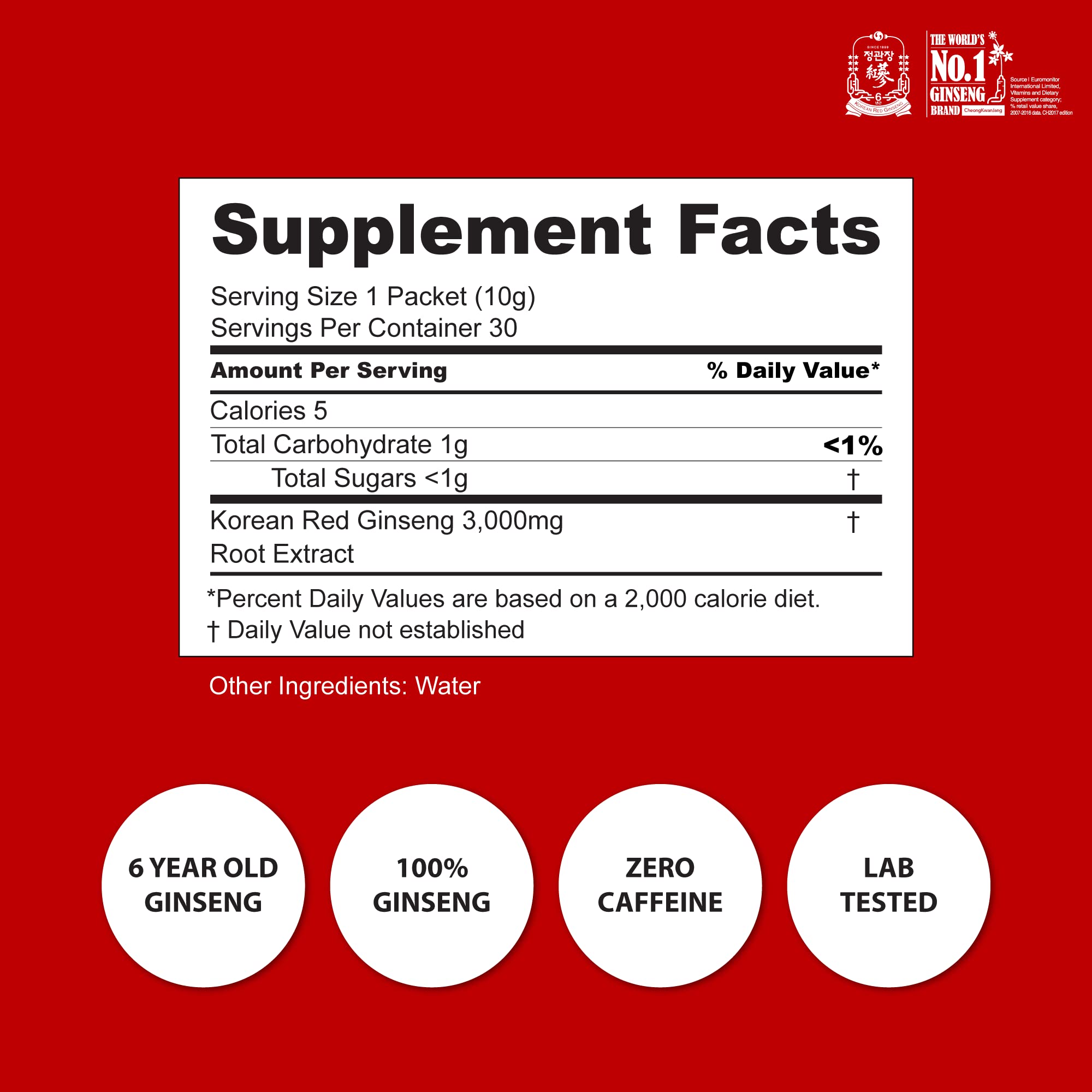 CheongKwanJang 100% Ginseng Extract Stick - Sugar & Caffeine Free Energy Supplements Everytime 3000mg Korean Red Ginseng, Natural Energy Booster for Men & Women, Nitric Oxide Brain Support - 30P