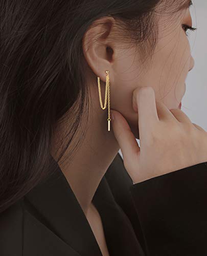SLUYNZ 925 Sterling Silver Bar Dangle Earrings for Women Teen Girls Minimalist Dangle Earrings Threader Chain