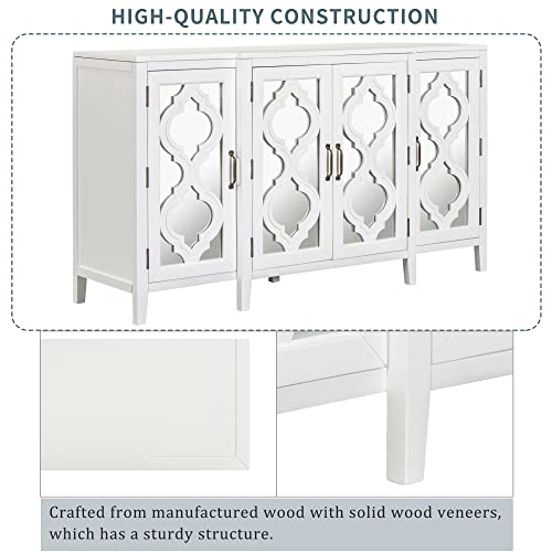 KLMM Stylish Mirrored Console Table Sideboard for Living Room Dining Room with 4 Cabinets and 3 Adjustable Shelves, Easy Assembly (White#O^)