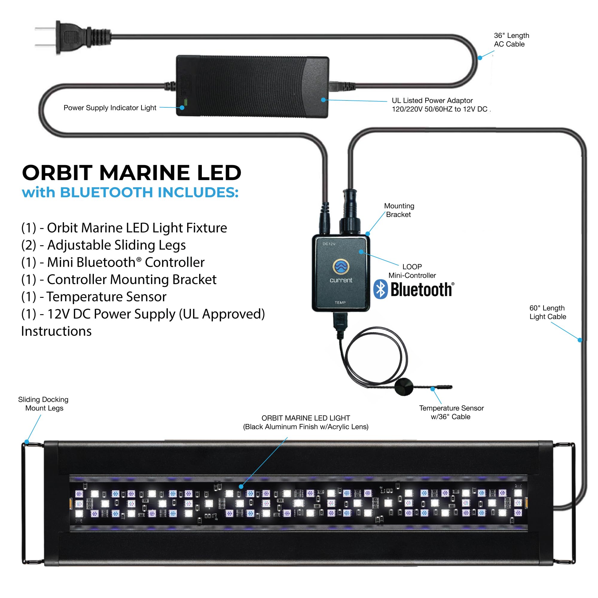 Current USA 24"-36" Inch Orbit Marine LED Saltwater Reef Marine Aquarium Light with Bluetooth App Control | Wireless Lighting & eFlux Wave Pump Control for Fish Tank (4201)