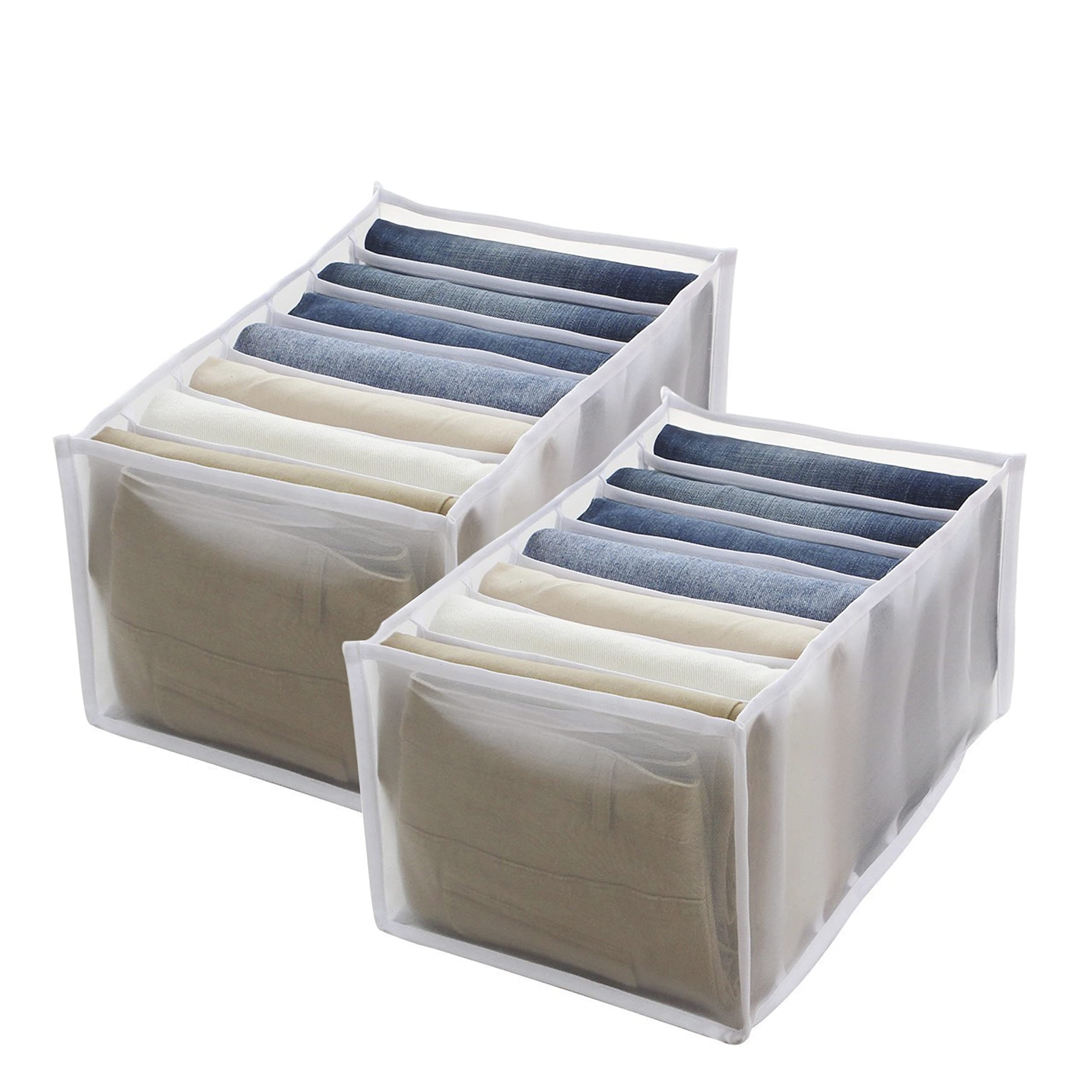 wardrobe clothes organizer | (2PCS) 7 Grids Foldable Visible closet organizers and storage | Portable Storage Containers for T-shirt, Legging, Skirts, Jeans, Kid Clothes |Washable drawer organizers for clothing storage (White)