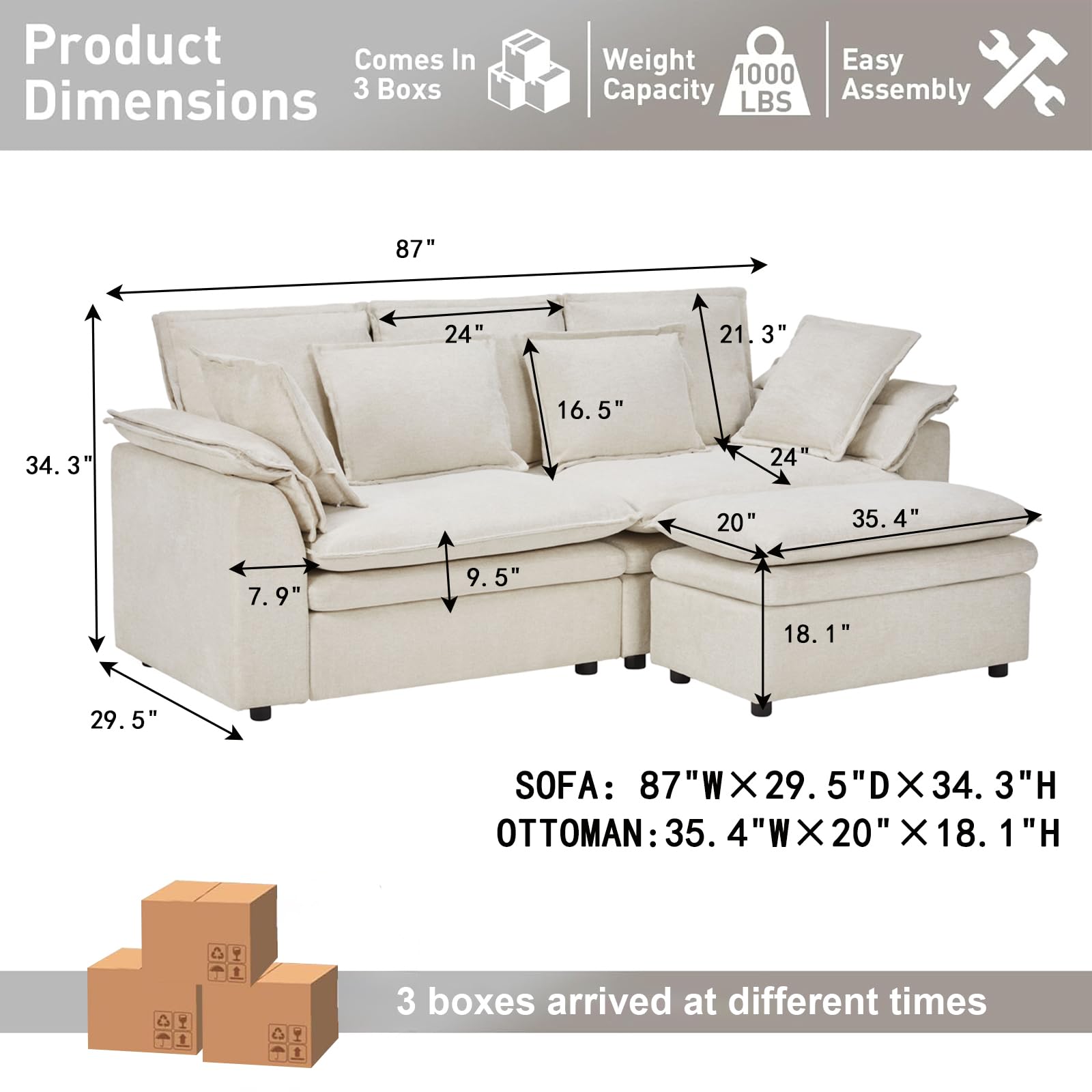 FEISHOMINOO 87" L Shaped Sectional Sofa Modular Deep Seat Sofa Couch with Ottoman, Chenille Sofa Sleeper Comfy Upholstered Furniture for Living Room, Apartment, Studio, Office (Espresso, L-Shaped)