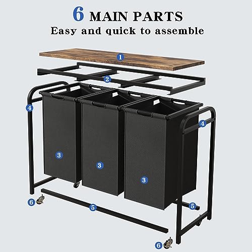 Lineware Laundry Hamper, Laundry Basket 3 Section, 3 ร 12.7 Gal (144L), Laundry Sorter with Top Shelf, Upgrade larger Rolling Laundry Basket with 3 Pull-Out Organizer Bags and Wheels (B-BLACK)