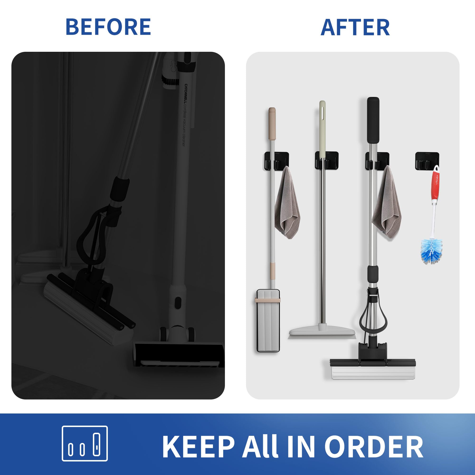 FPOSEI 4PCS Broom and Mop Holder,Stainless Steel Waterproofing Broom and Mop Holder Wall Mountain, Adhesive Mop Holder with Hooks, Cleaning Supplies Organizer Home Laundry Organization