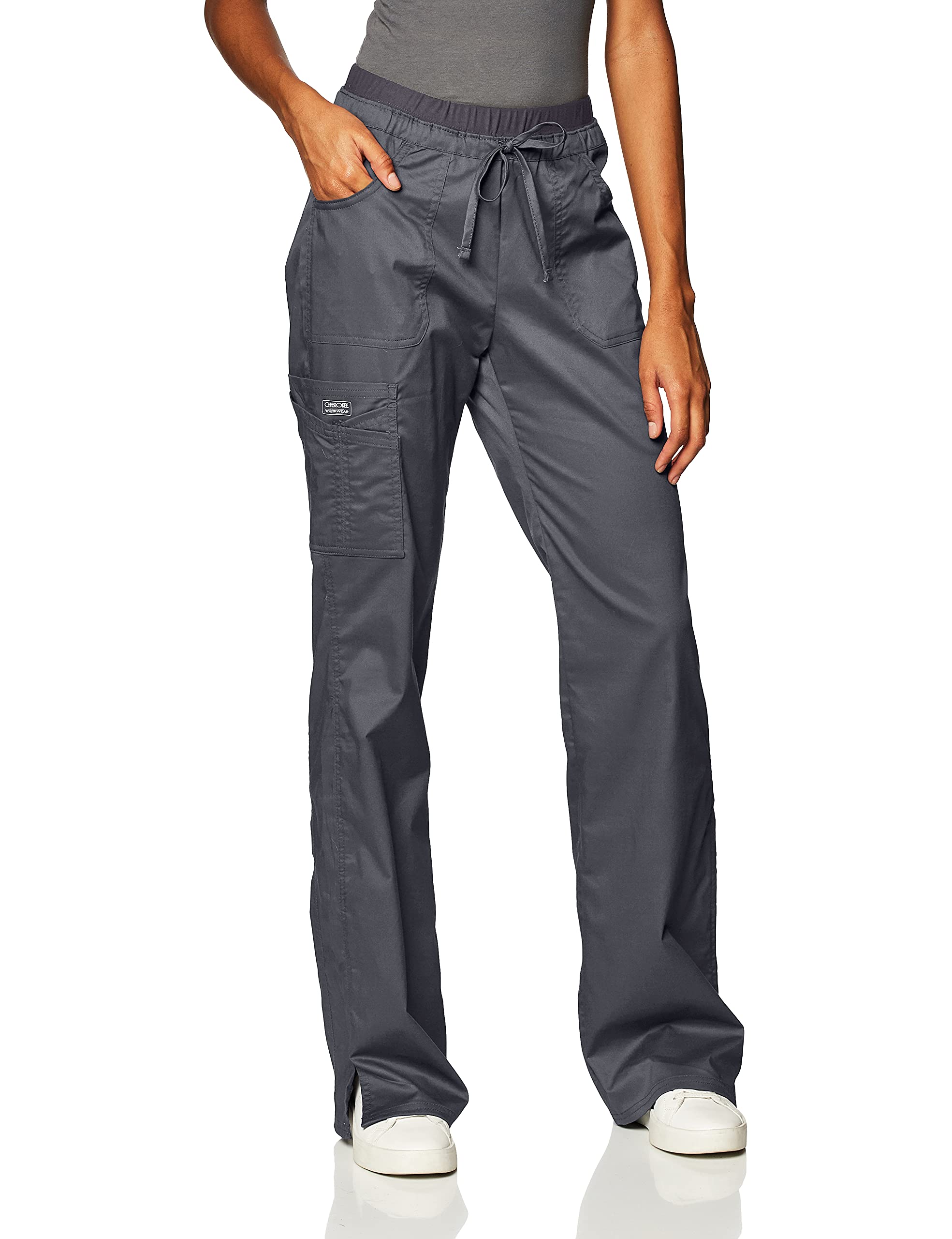 Cherokee Women's Plus Size Workwear Core Stretch Low Rise Cargo Scrubs Pant, Pewter, XX-Large