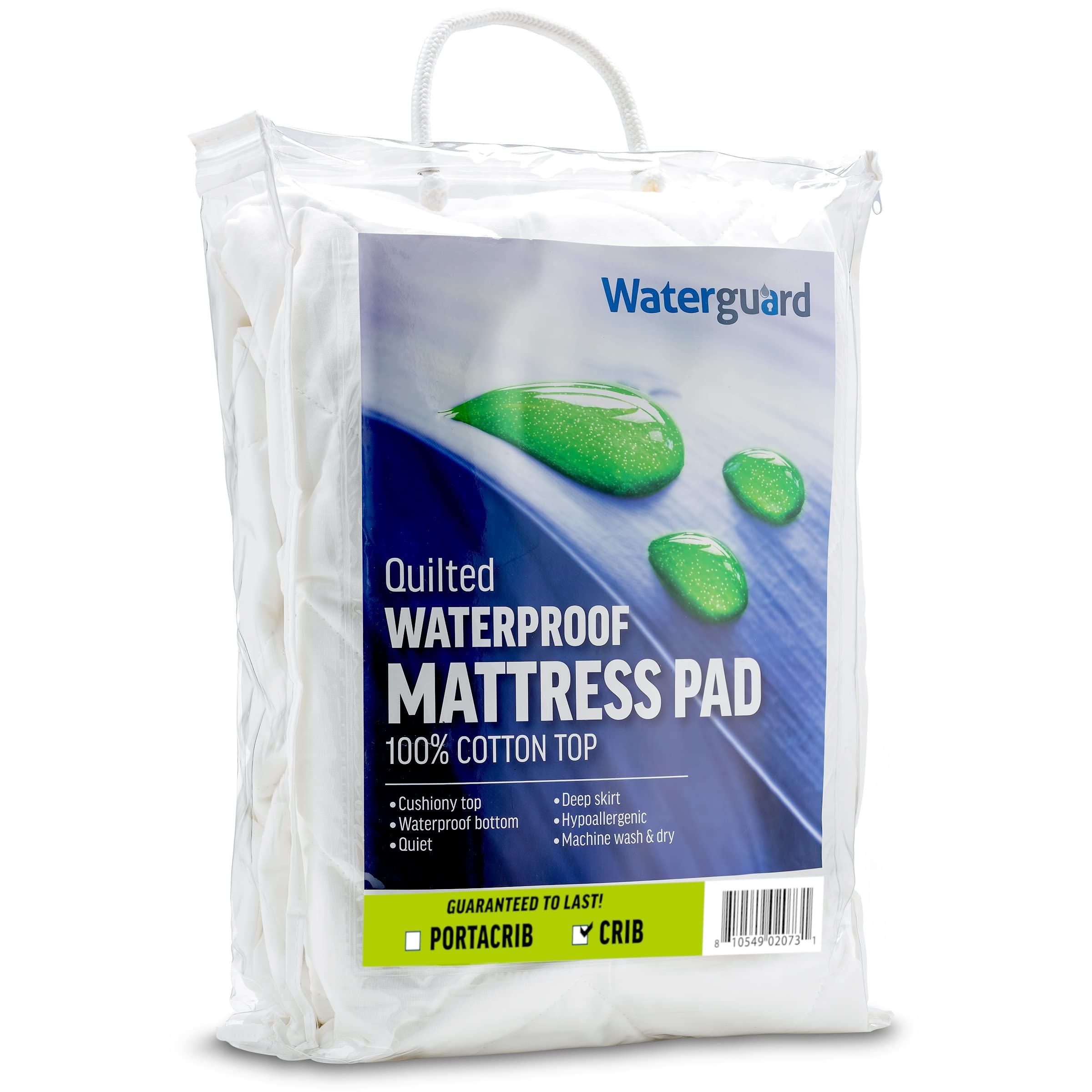 Waterguard Quilted Cotton Mattress Pad - Crib Size - Soft, Comfortable, and Fluffy Mattress Pad - Waterproof Mattress Protector Stretched 7" for Snug Fit on Regular Sized Mattress.