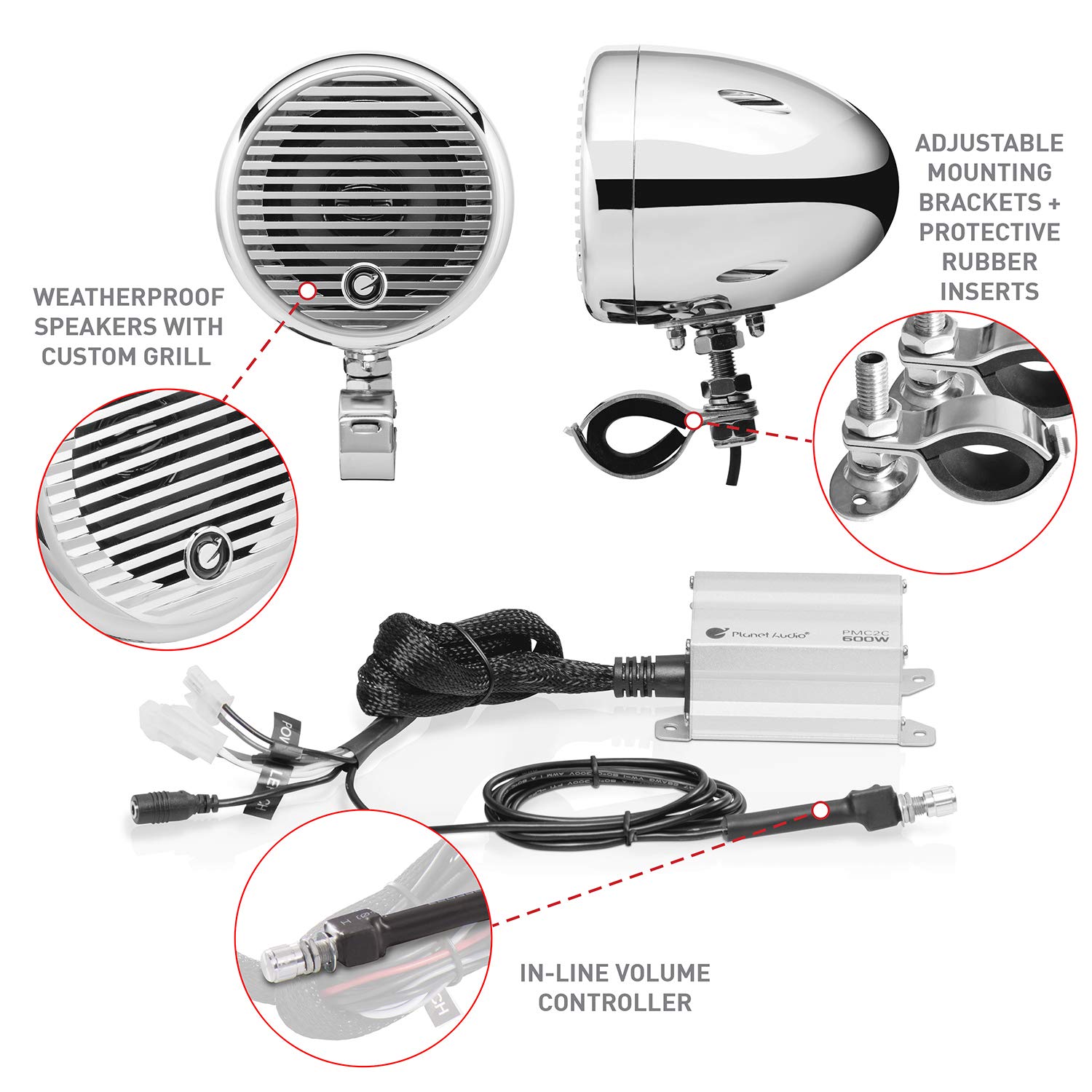 Planet Audio PMC2C Motorcycle Speaker System - Bluetooth, Weatherproof Speakers Amplifier, 2 3 Inch Speakers, 1 2 Channel Amplifier, 1 Volume Control, Use With ATV Motorcycle 12 Volt Vehicles