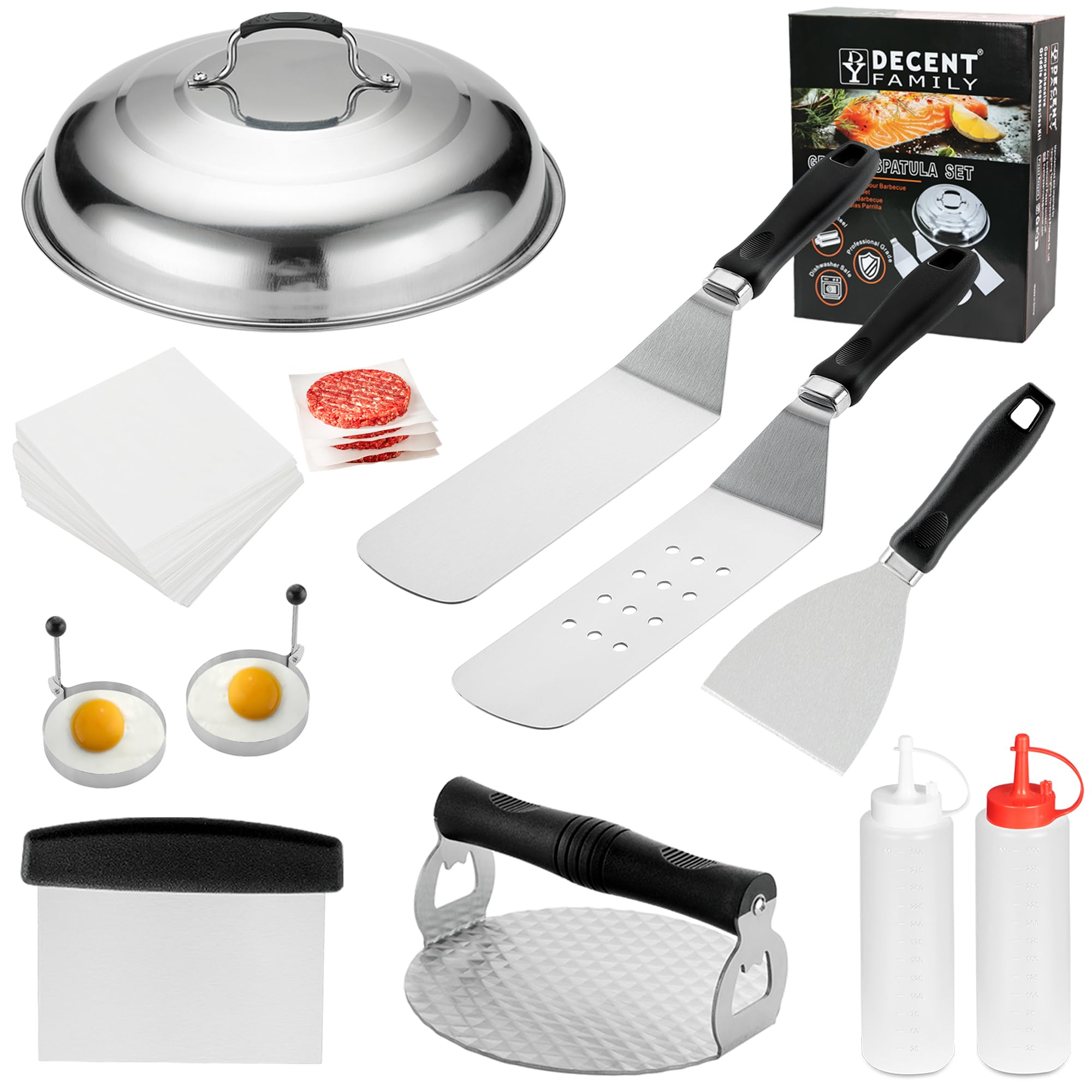 DY DECENT FAMILY Griddle Accessories Kit, 11PCS Flat Top Grill Accessories Set for Blackstone, Griddle Accessories Set with Basting Cover, Spatula, Scraper, Burger Press, Patty Paper