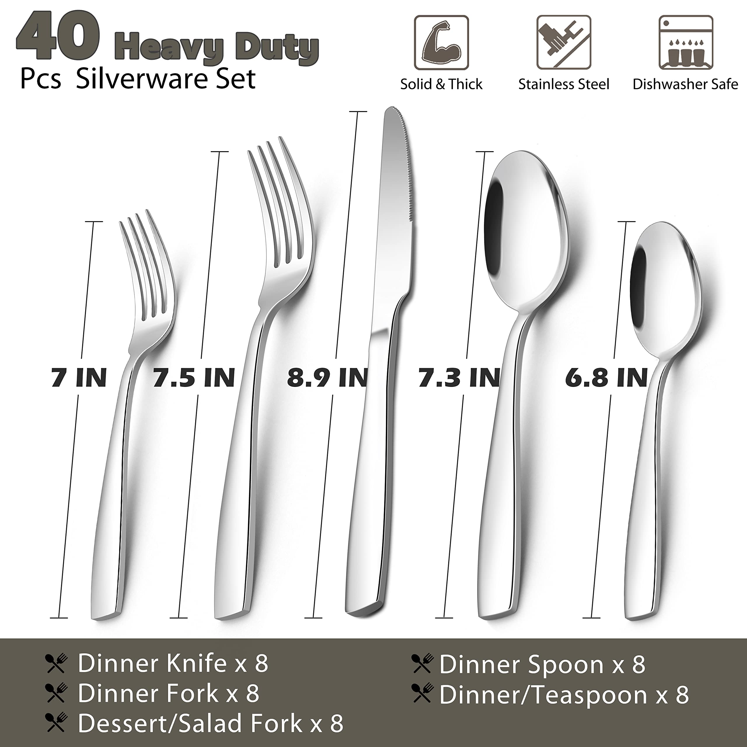E-far 40-Piece Heavy Duty Silverware Set for 8, Stainless Steel Flatware Cutlery Set, Thick Metal Tableware Eating Utensils Include Forks Spoons Knives, Square Edge & Mirror Polished, Dishwasher Safe