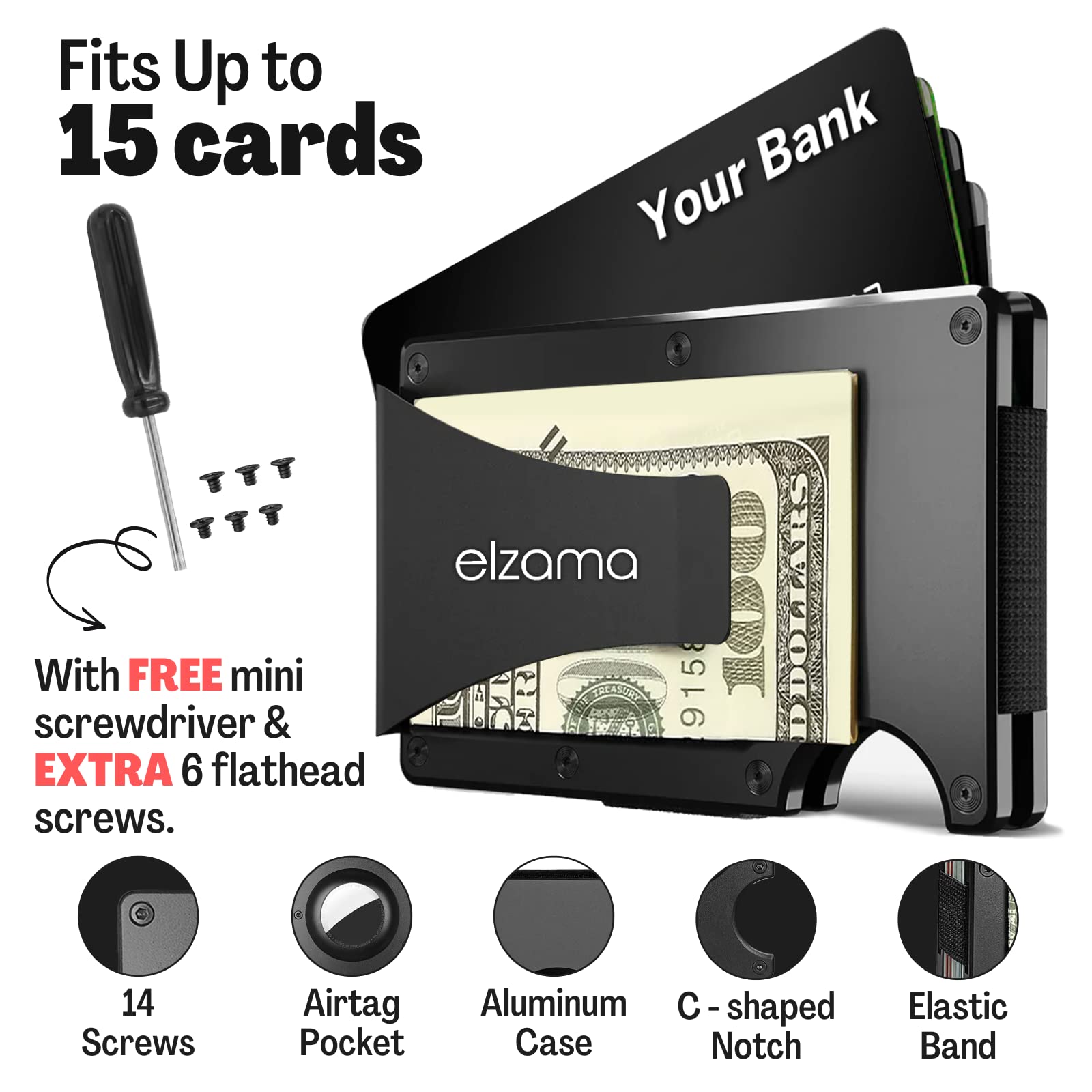 elzama AirTag Metal Wallet with Money Clip, RFID Blocking & Air Tag Keychain, Slim Card Case Holder (Apple AirTags Not Included)