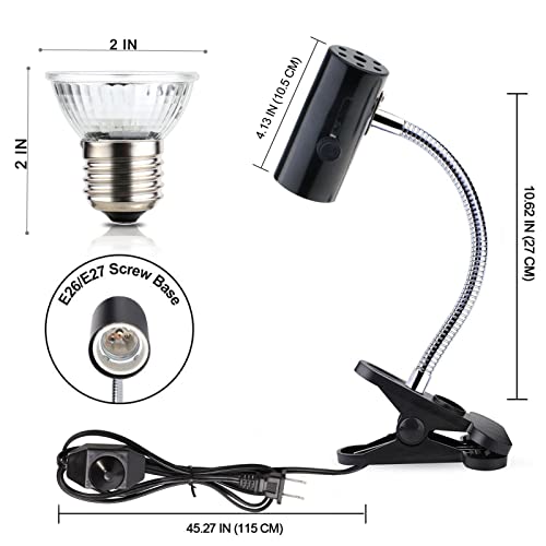 Reptile Heat Lamp Fixture ,360°Rotatable Clips and Adjustable Switch Holder Clamp Lamp with 3 Pcs 50W UVA UVB Full Spectrum Sun Lamp for Turtle Lizard Snake Aquarium Chameleons Amphibians(Black)