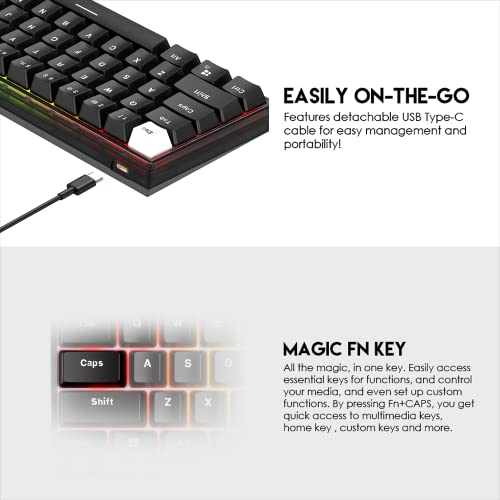 FANTECH MAXFIT61 Frost 60% Mechanical Keyboard, Type-C Compact 61keys Hot Swappable RGB Gaming Keyboard for Windows PC, Linear Red Switch - Black