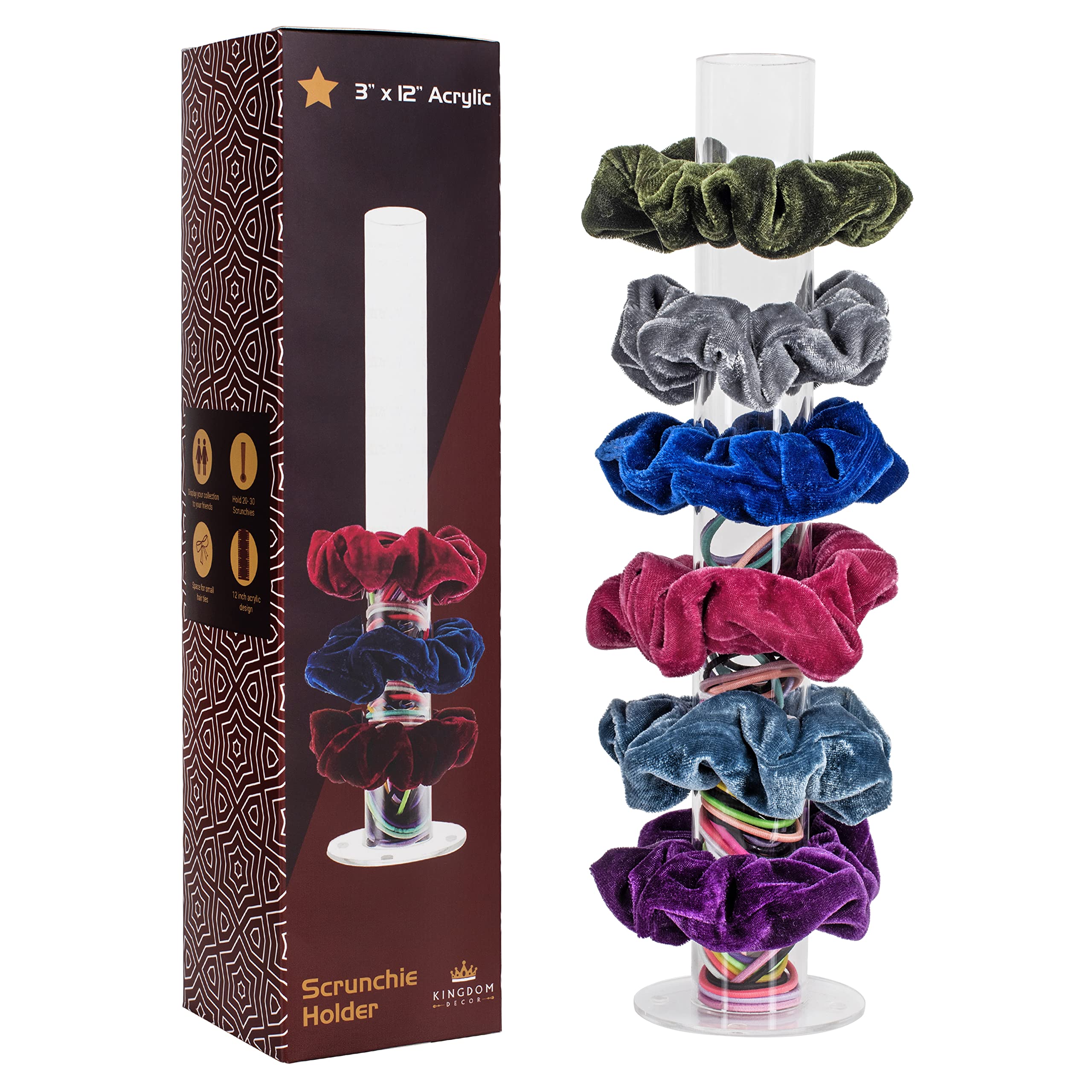 Kingdom Décor Scrunchie Holder Stand, Acrylic Scrunchy Display, 12 Inch Clear Hair Tie Accessories Organizer, Teen Girl Bracelet Organizers, Cute Room Decor for Teen Girls, VSCO Stuff