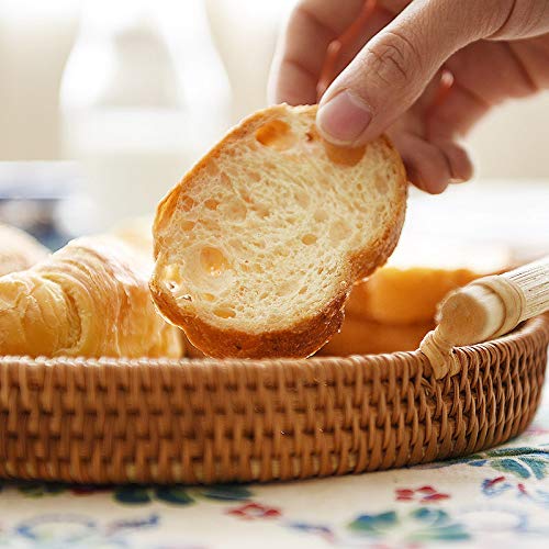 DECRAFTS Round Rattan Tray Woven Bread Basket with Handles Small Cracker Tray for Serving Dinner Parties Coffee Table Tea (Natural 11 inches Diameter)