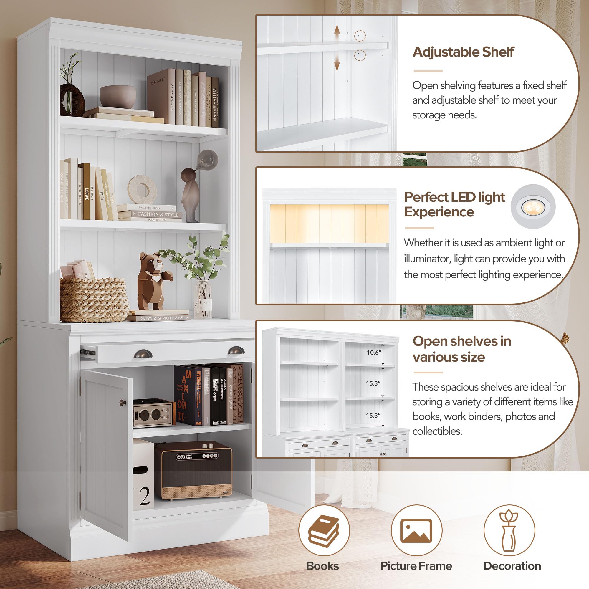 Linique 2PCS Modern Tall Bookshelf with LED Lights, Drawers, Open Shelves & Doors, Storage Bookcase with Adjustable Shelves for Living Room, Bedroom, Home Office, White
