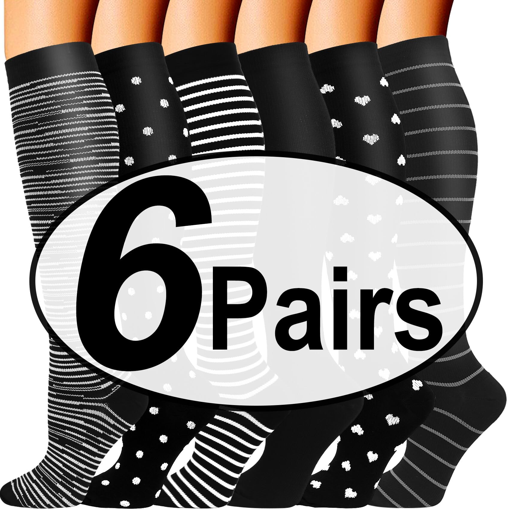 Double Couple 6 Pairs Compression Socks Women Men 20-30 mmHg Knee High Compression Stockings
