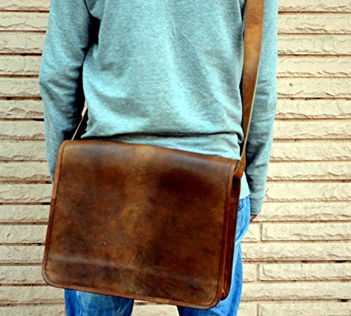 Leather Real Messenger Bag for Laptop Briefcase Satchel Men and Women Handmade Laptop Bag Satchel Bag Padded Messenger Bag (13 inch Small)