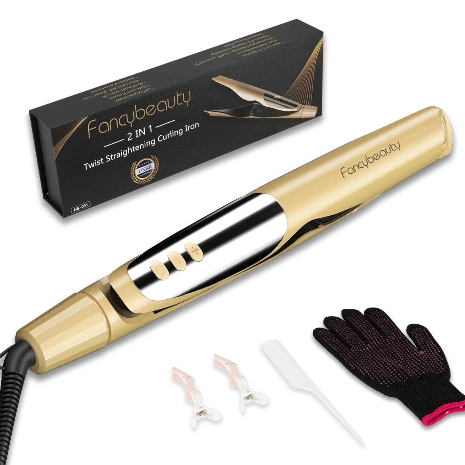 FANCYBEAUTY Curling Iron, Hair Straightener and Curler 2 in 1, Professional Negative Ion Flat Iron with Adjustable Temp for All Hair Types, 15s Instant Heating Hair Styling Tools