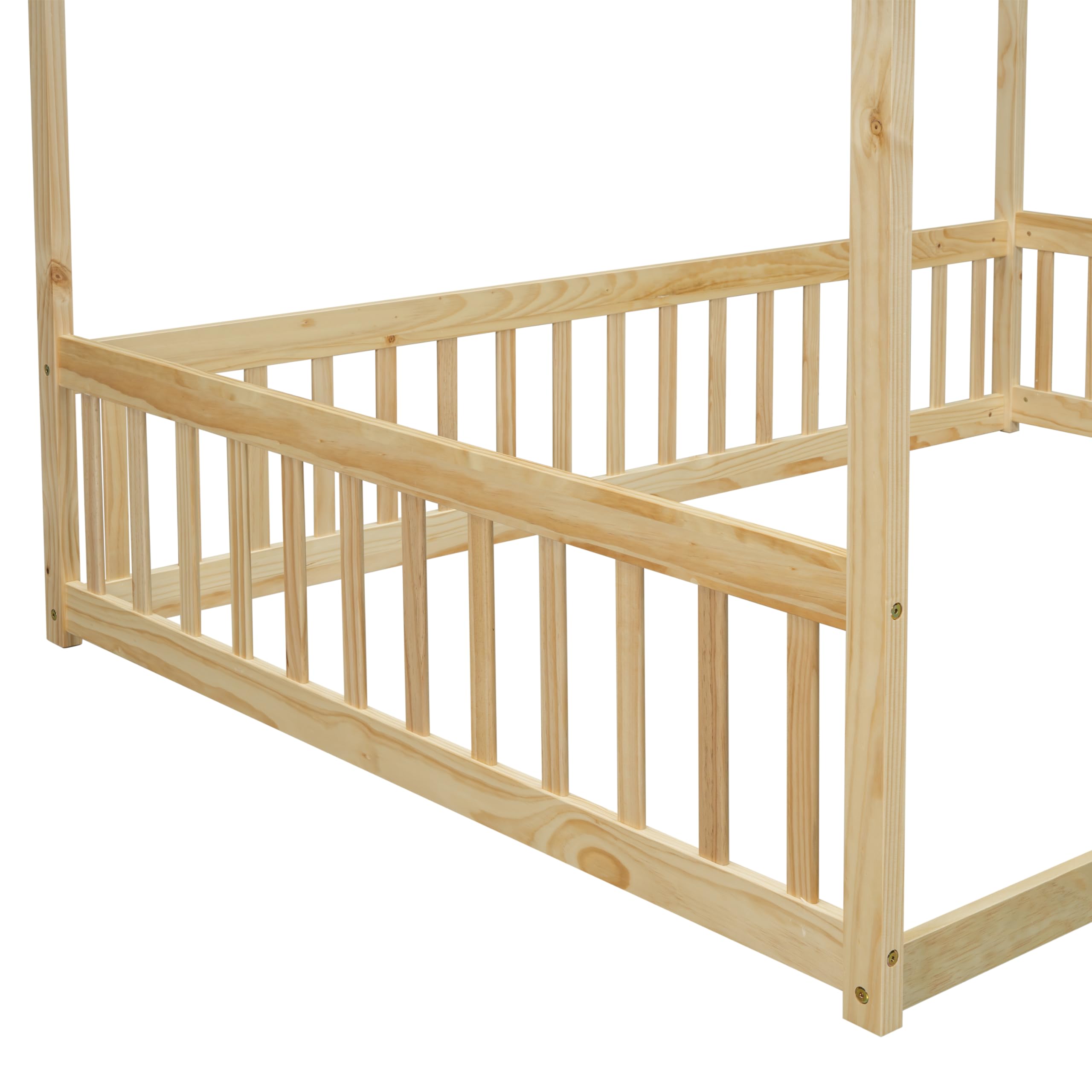 Full Size Canopy Bed Frame with Guardrails for Kids,Floor Bed Full with Four Poster Design,Kids Montessori Floor Bed,Wood Canopy Bed Frame for Girls,Boys(Full,Natural)