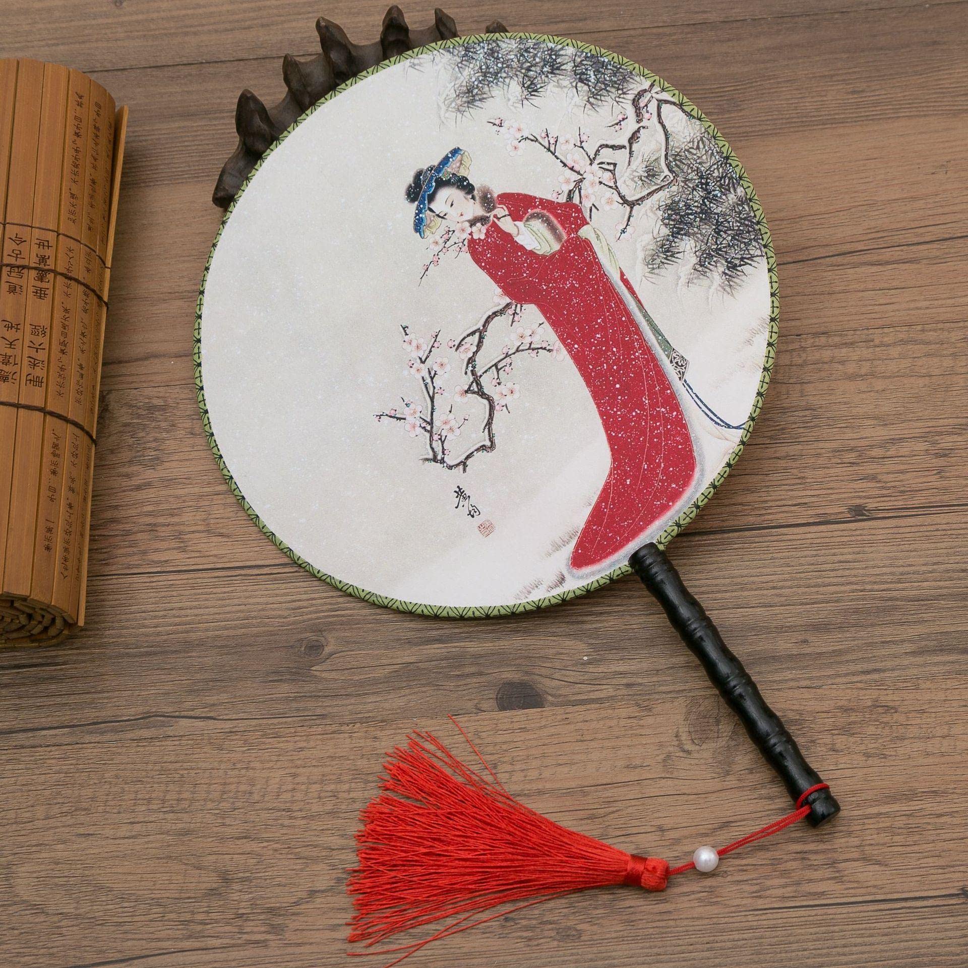 Embroidered Hand Fan 24cm Group Fan Chinese Style Home Decoration Classical Palace Fan Double-Sided Women Round Palace Dance Fan Hanfu Fan E
