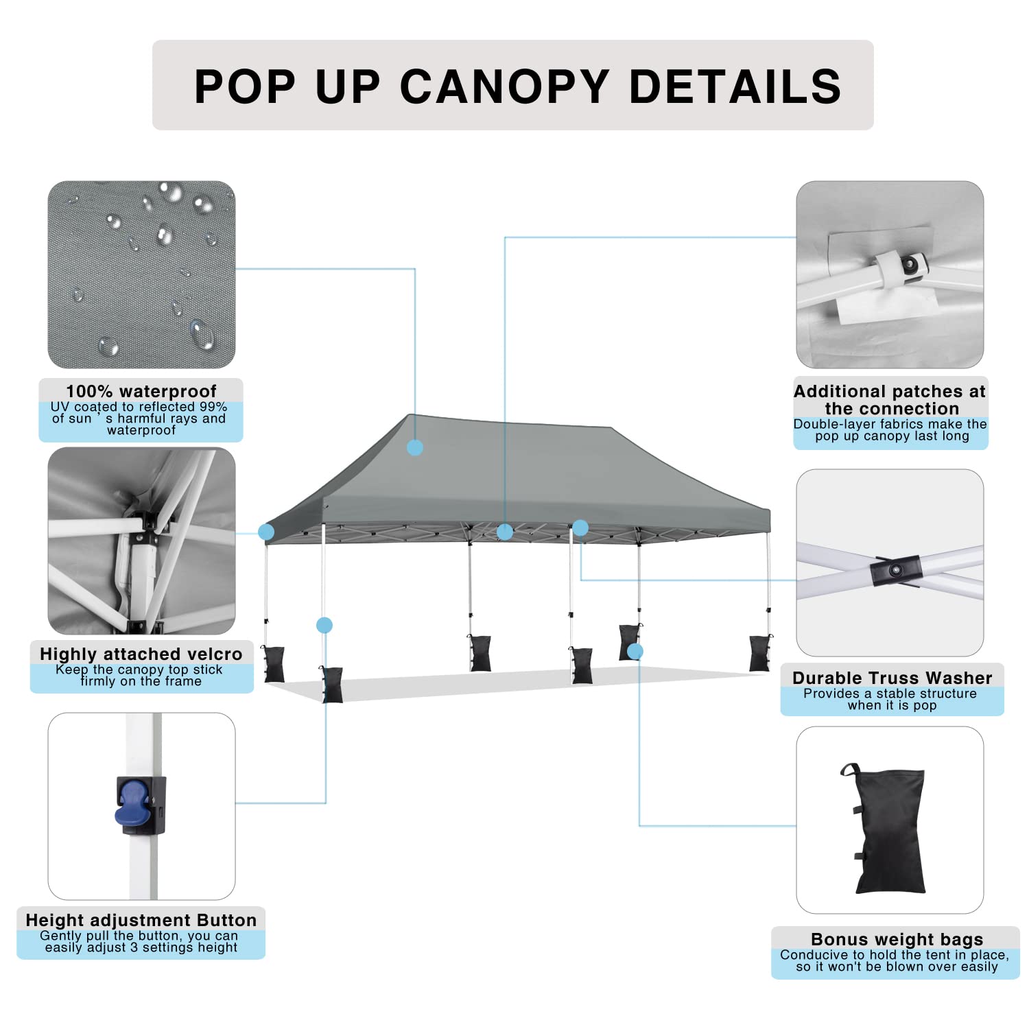 CAJECUS 10' x 20' Pop Up Canopy, Durable Easy Beach Canopy Tent, Waterproof Outdoor Canopy with 3 Adjustable Height, Roller Bag, 6 Sand Bags, 4 Ropes and 8 Stakes