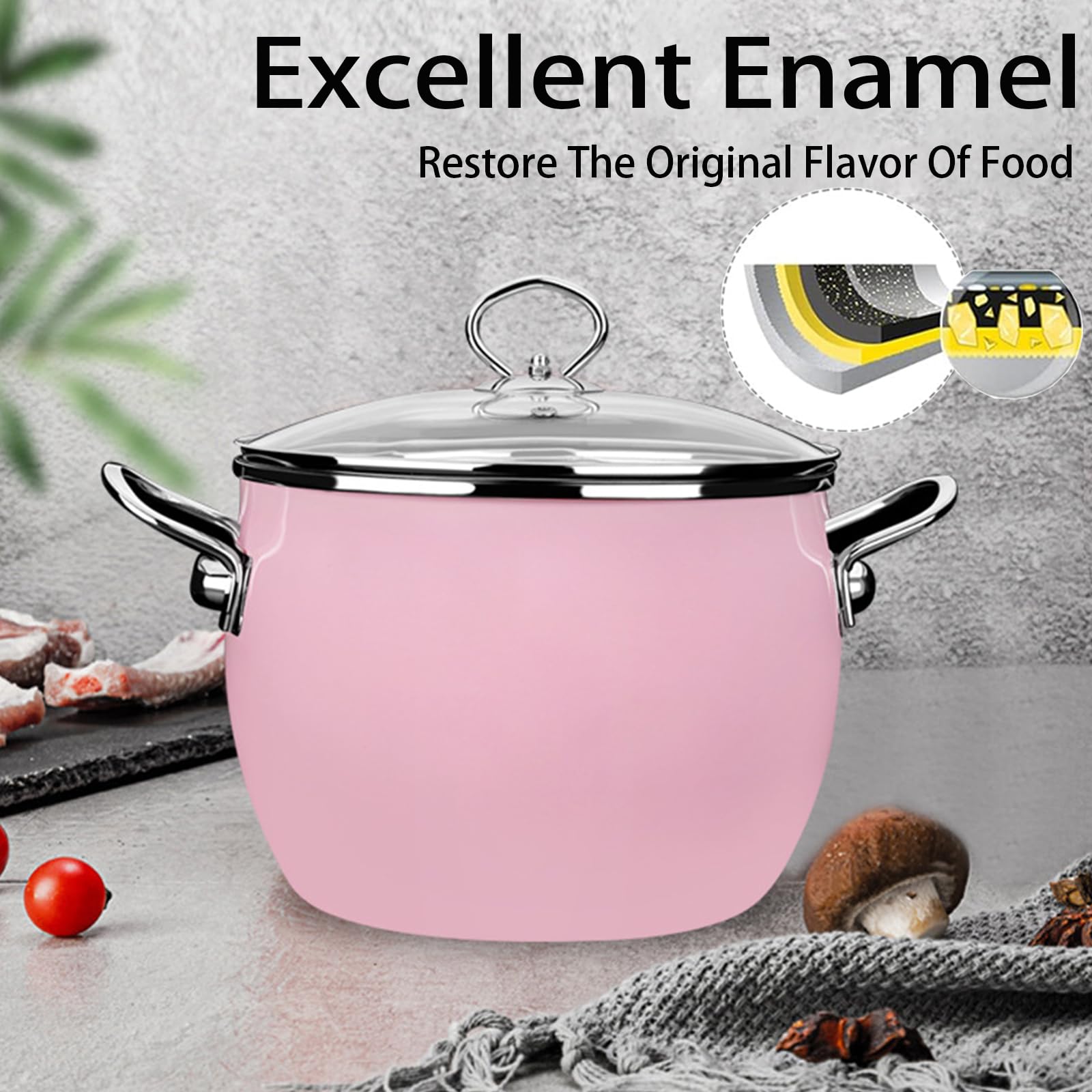 JUSTUP Enamel Stock Pot with Lid, 6-Quart Soup Pot with Circular Handle,Large Cooking Pot Boiling Pot for Gumbo, Stew, Boil, Pasta,Sauce (Pink), 13*9*6.7 Inch