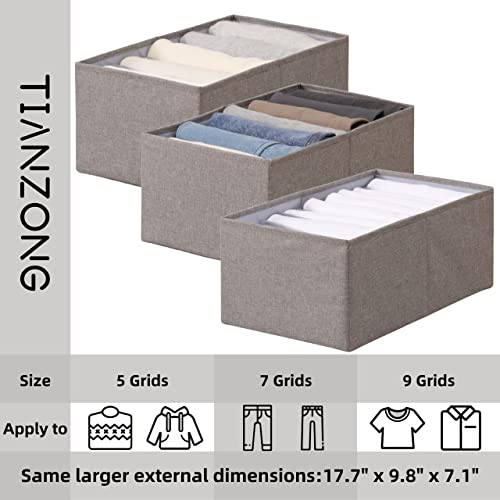 tianzong 3-Piece Set Wardrobe Clothes Organizer, Extra-Large Clothes Organizer for Jeans and Folded Clothes (5 + 7 + 9 Grids, Light Grey)