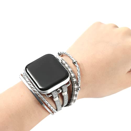 WONMILLE Posh Leather Bands Compatible With Apple Watch 41mm 40mm 38mm Women, Boho Bracelets Jewelry Multilayer Wrap Strap for iwatch Series SE 8 7 6 5 4 3 2 1 (Glitter Silver, 38mm/40mm/41mm)