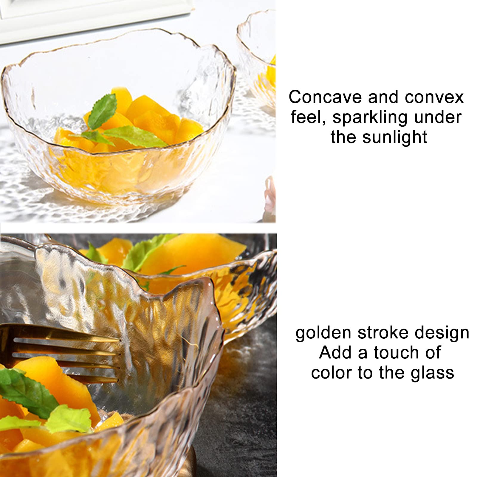 DEDEMCO 3 PCS Glass Salad Bowl,Phnom Penh Mixing Bowls,Crystal Bowls Irregular Shape Serving Bowls,Stackable Dessert Bowls for Kitchen Prep Fruit Pasta,300ml,750ml,1050ml