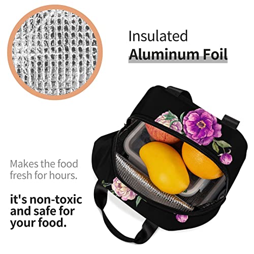Reusable Lunch Tote Bag Watercolor Purple Floral Roses Insulated Lunch Bag Durable Cooler Lunch Box