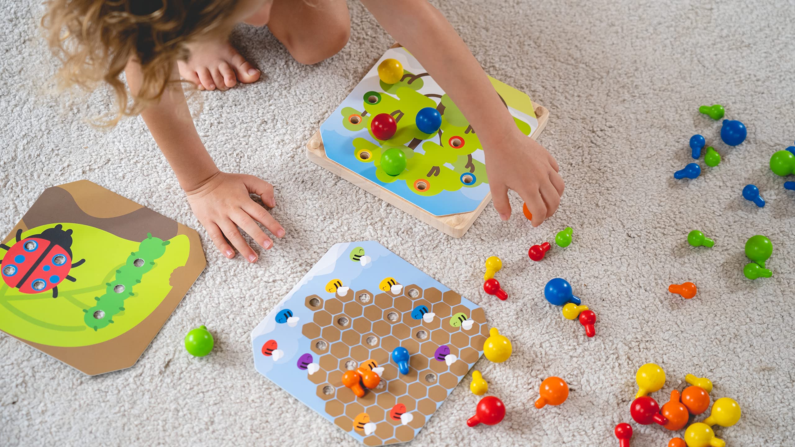 PlanToys Creative Wooden Peg Board With 3 Double Sided Cards (5399) | Sustainably Made from Rubberwood and Non-Toxic Paints and Dyes