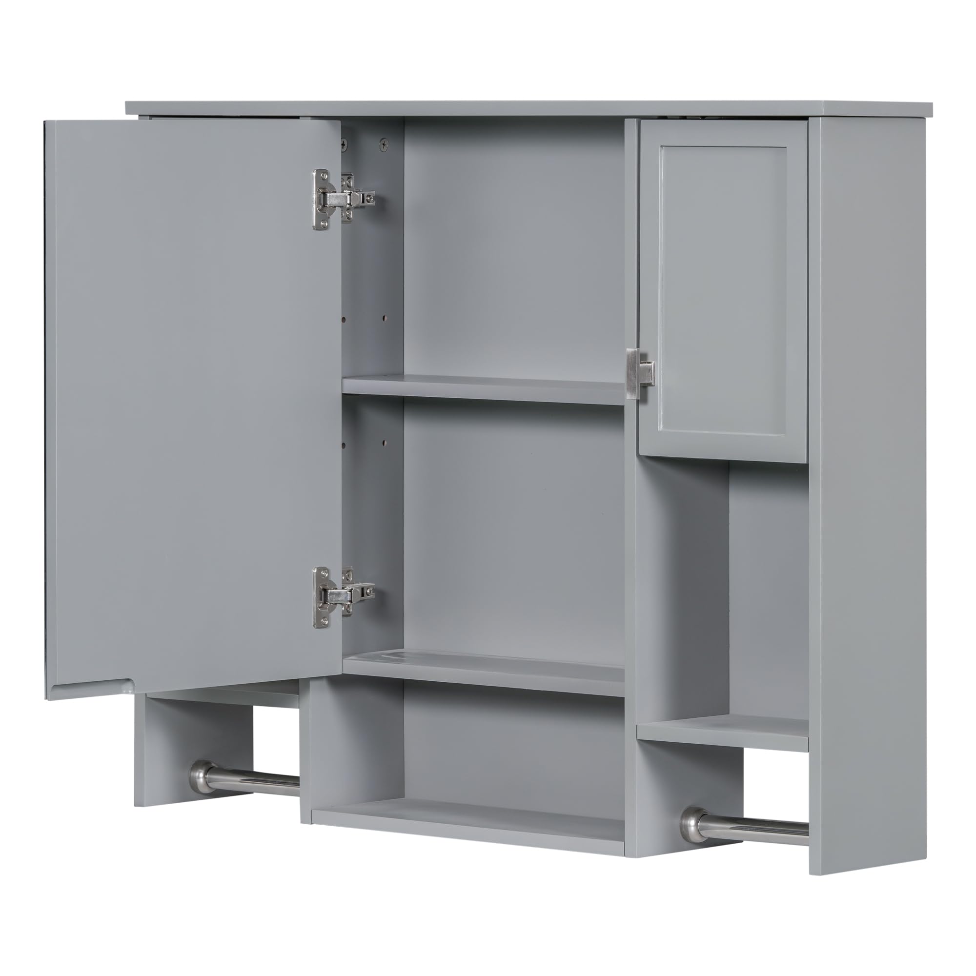 Linique Medicine Cabinet with Mirror, Shelves, 2 Towel Bars, Modern Wall-Mounted Bathroom Storage Cabinet with 3 Doors, Grey