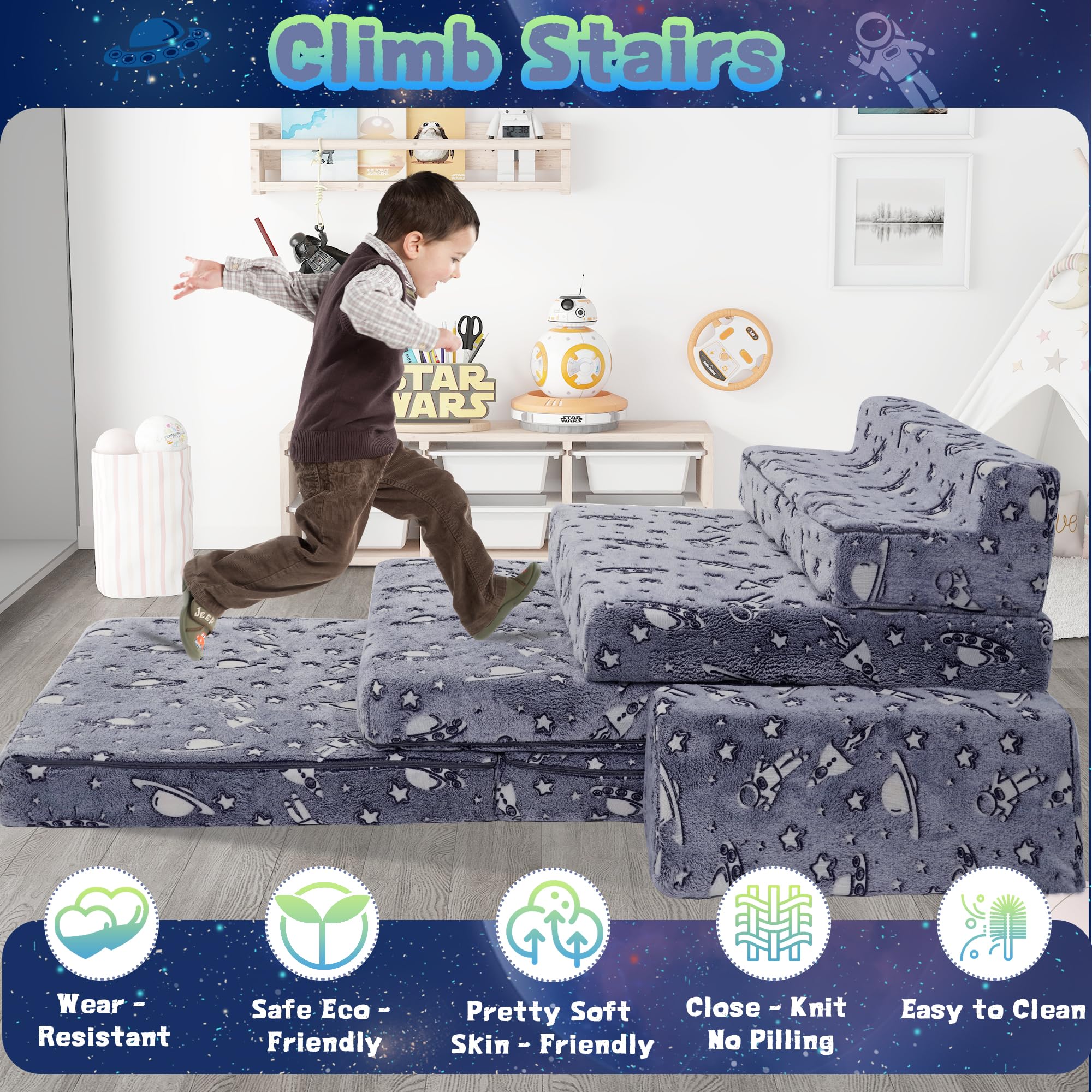 LFCREATOR Kids Play Couch, Modular Toddler Glow Sofa for Playroom Bedroom,Imaginative Convertible Play Couch for Boys Girls.Gift for Kids.Spaceman