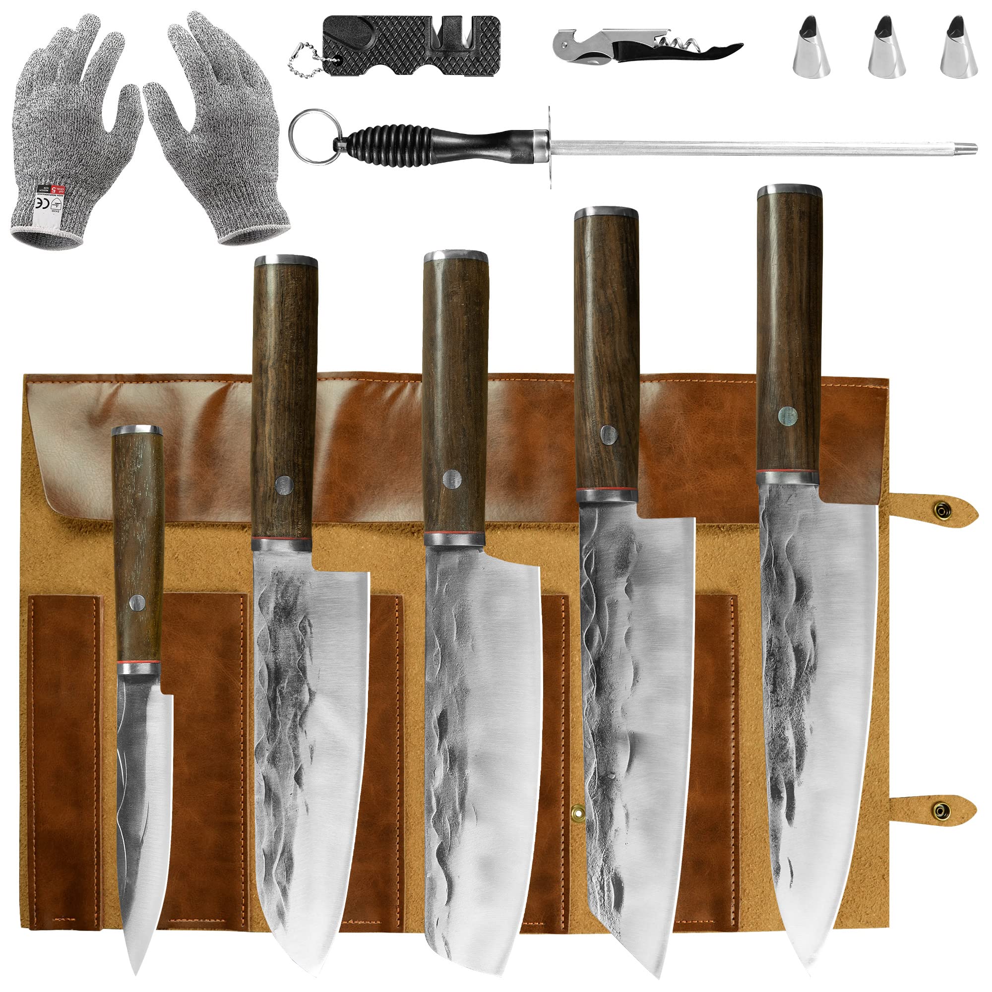 FULLHI 11pcs hand forged Chef Knife Set High Carbon Steel Cleaver Kitchen Knife Vegetable Cleaver Home BBQ Camping with Knife Bag