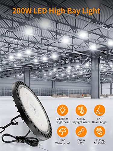 LED High Bay Light, 200W UFO LED High Bay Lights, 24000LM 5000K LED Shop Lights with US Plug 5' Cable Bay Lights, IP65 Warehouse Light, Area Light Bay Lighting for Shop Garage Barn Warehouse Workshop