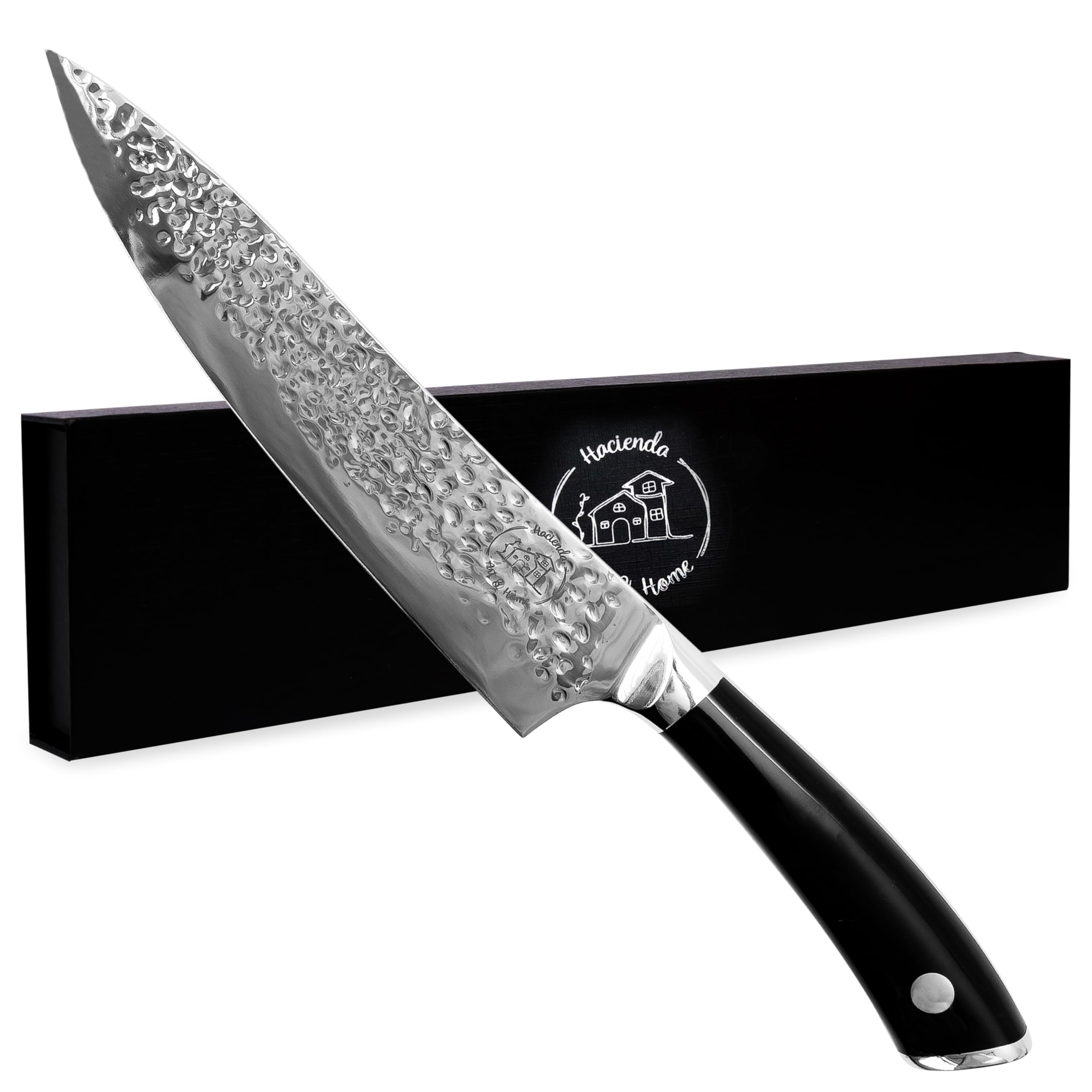 HACIENDA ART & HOME Chef Knife 8 Inch, Hammered Steel, Ultra Sharp Professional High Carbon Stainless Steel Knife for Home & Restaurant, Gift Quality Box β Perfect for Home, Chefs, and Gifts