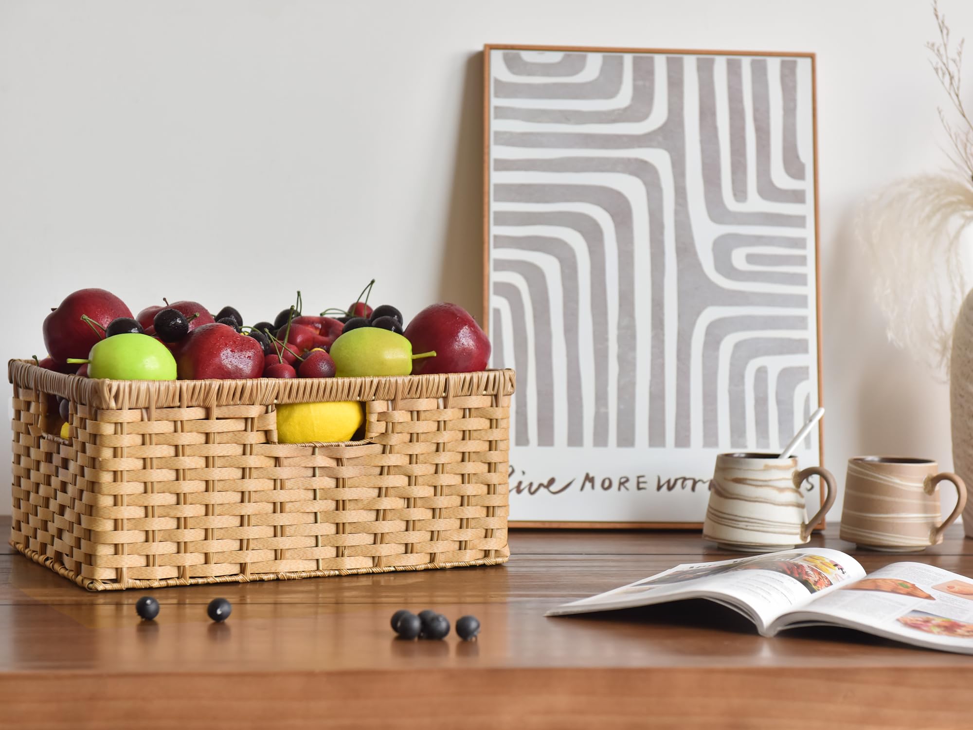 Labcosi Large Wicker Basket, Plastic Wicker Storage Basket, Wicker Storage Basket for Bathroom, Plastic Storage Bin with Built-in Handles, Natural Tan, 15 "L x 11 "W x 6.75 "H, 1 Pack