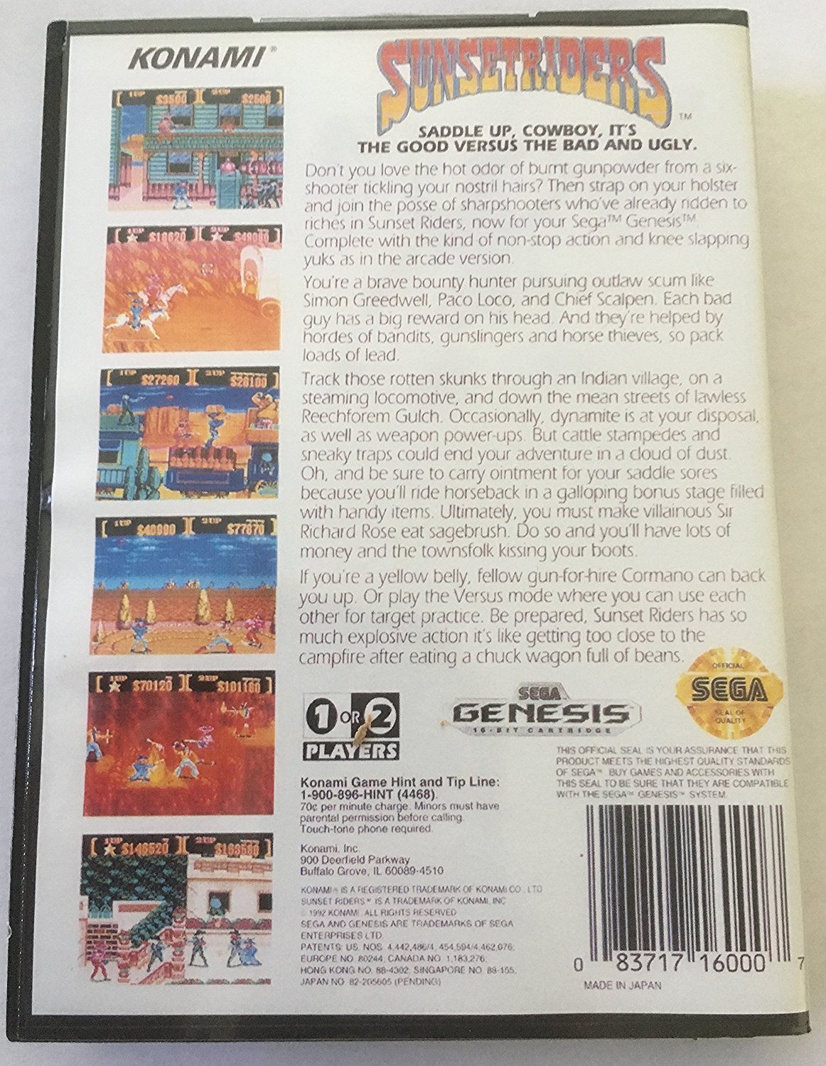 Sunset Riders (Sega Genesis / Megadrive) - Reproduction Cartridge with Clamshell Case and Manual