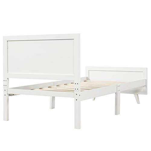 HomJoones Wood Platform Bed Twin Bed Frame Mattress Foundation Sleigh Bed with Headboard/Footboard/Wood Slat Support,Twin (White)